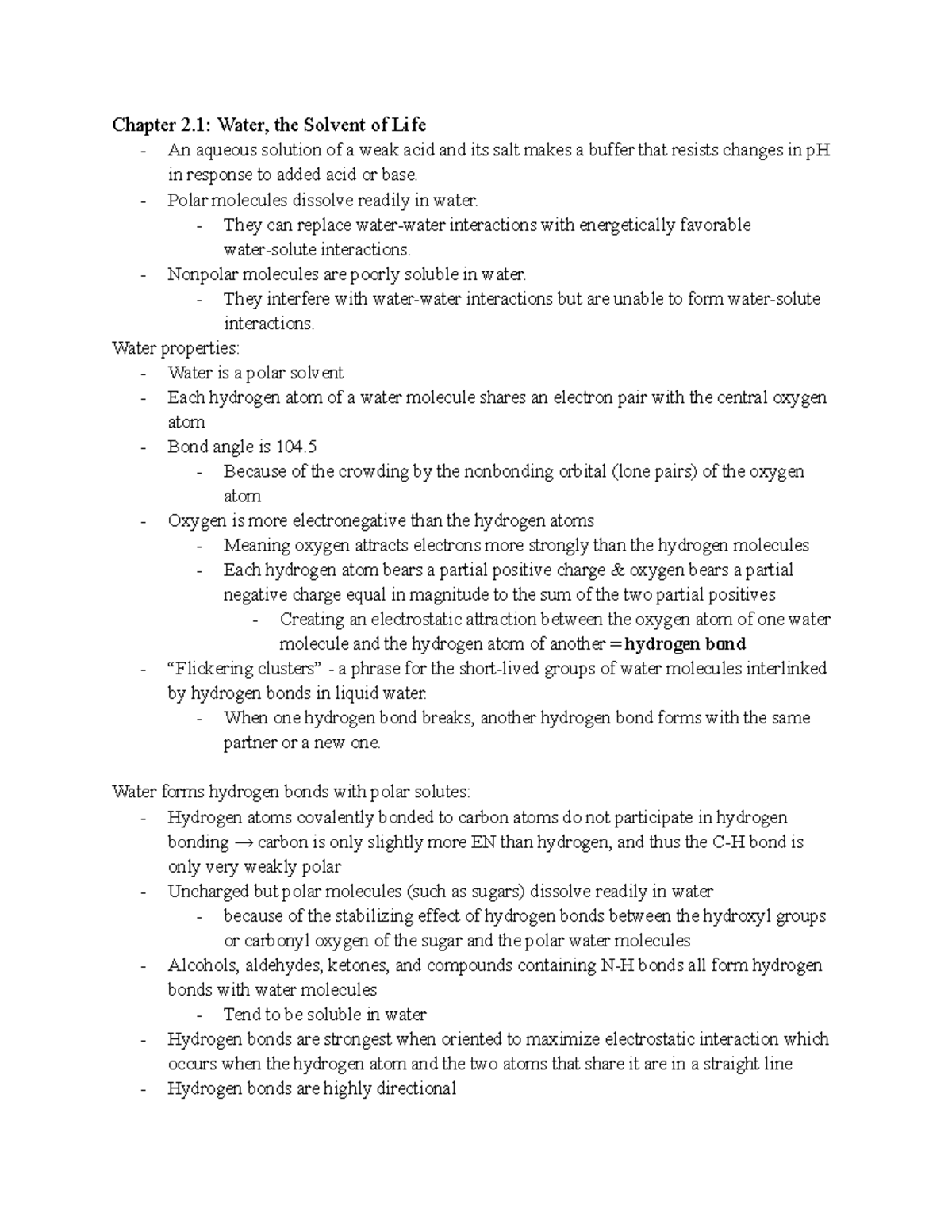 Biochem Ch 2 textbook notes - Chapter 2: Water, the Solvent of Life An ...