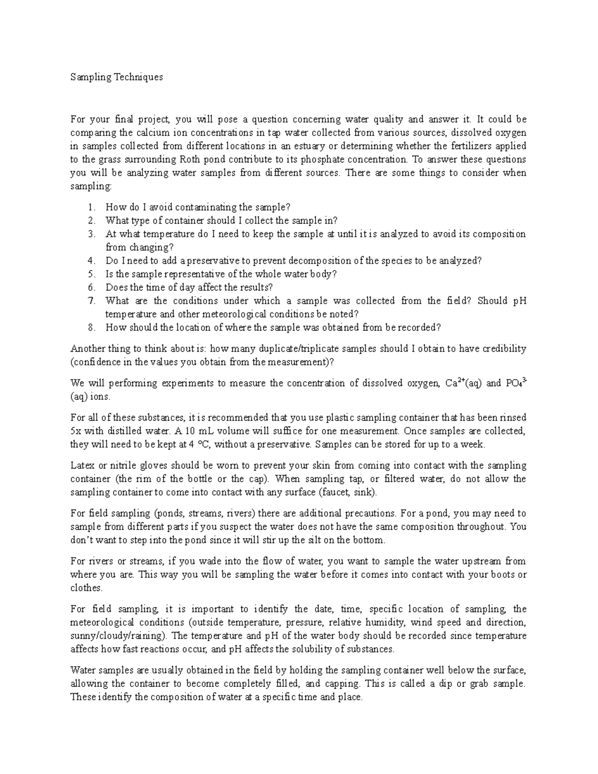 Sampling Techniques CHE 133 F20 - Sampling Techniques For your final ...