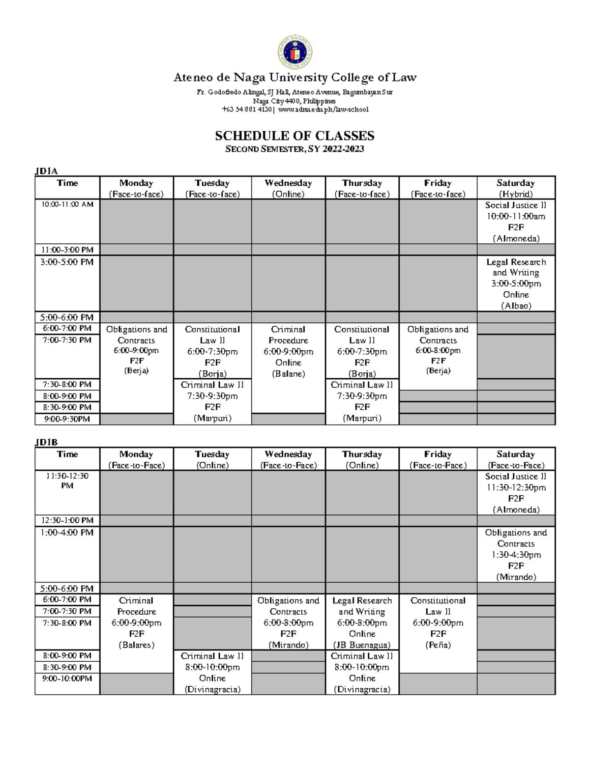 Adnulaw 2nd Sem Schedule SY 2022-2023 - Ateneo de Naga University ...