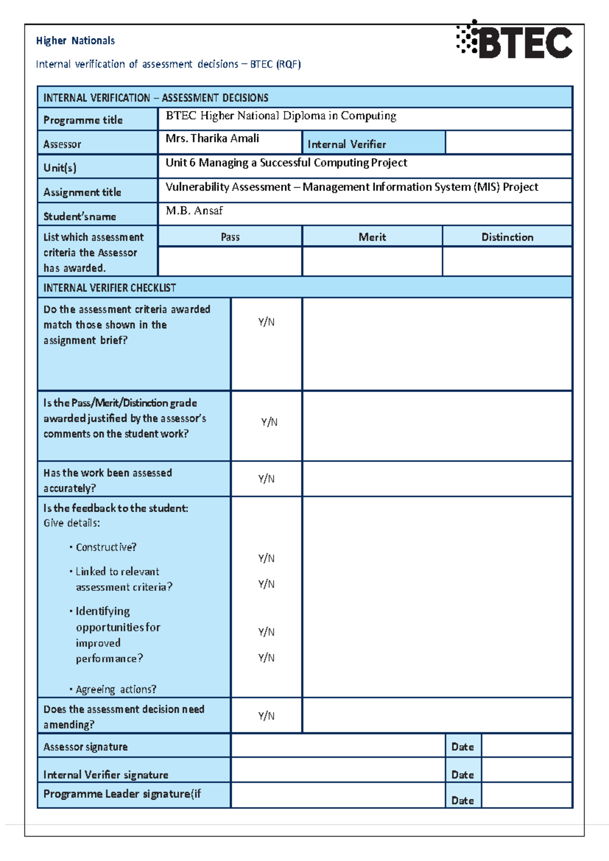 MSCP Ansafsdsdsds - Higher Nationals Internal verification of assessment decisions – BTEC (RQF ...