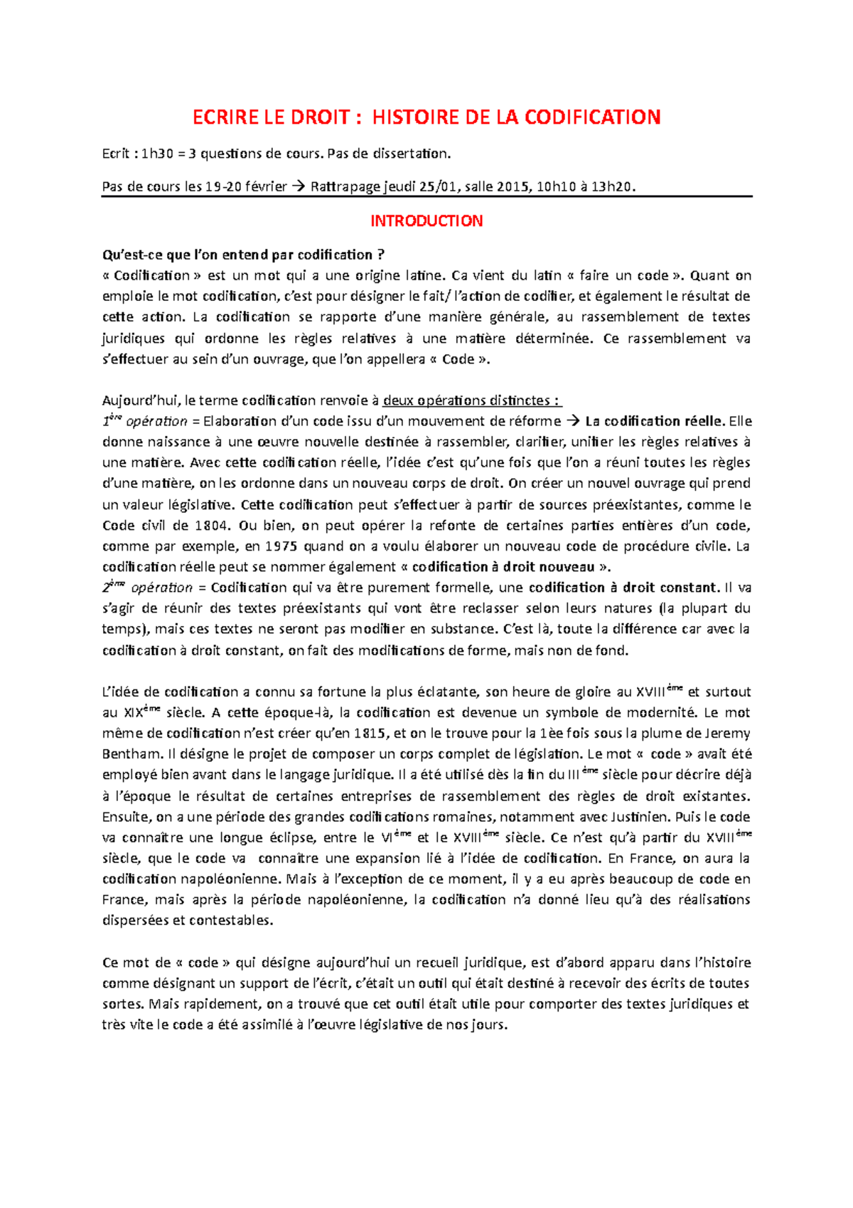 Histoire-DE-LA- Codification copie - ECRIRE LE DROIT : HISTOIRE DE LA CODIFICATION Ecrit : 1h30 ...