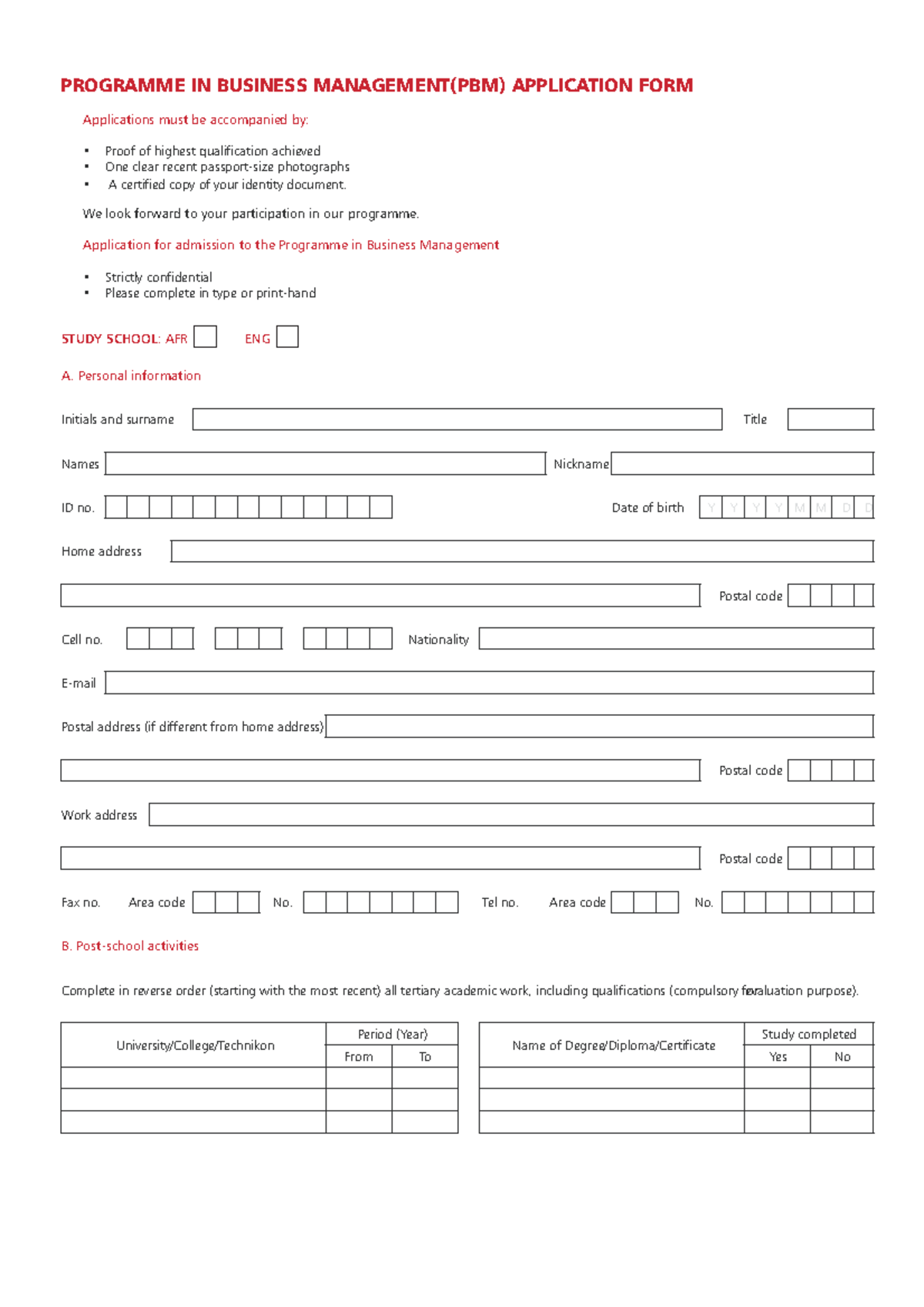 Business Management Job Application Form - PROGRAMME IN BUSINESS ...