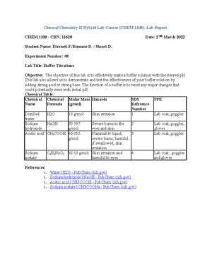 CHEM 1108 Pre-Lab Weak Acid-Strong Base Titration - General Chemistry II Hybrid Lab Course (CHEM ...