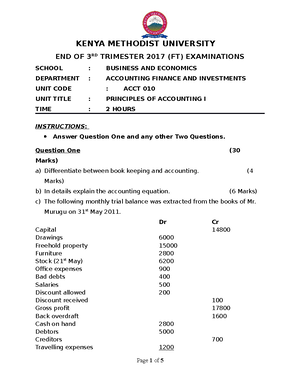 ACCT 010 FT - Principles OF Accounting - KENYA METHODIST UNIVERSITY END OF 1st TRIMESTER 2018(FT ...