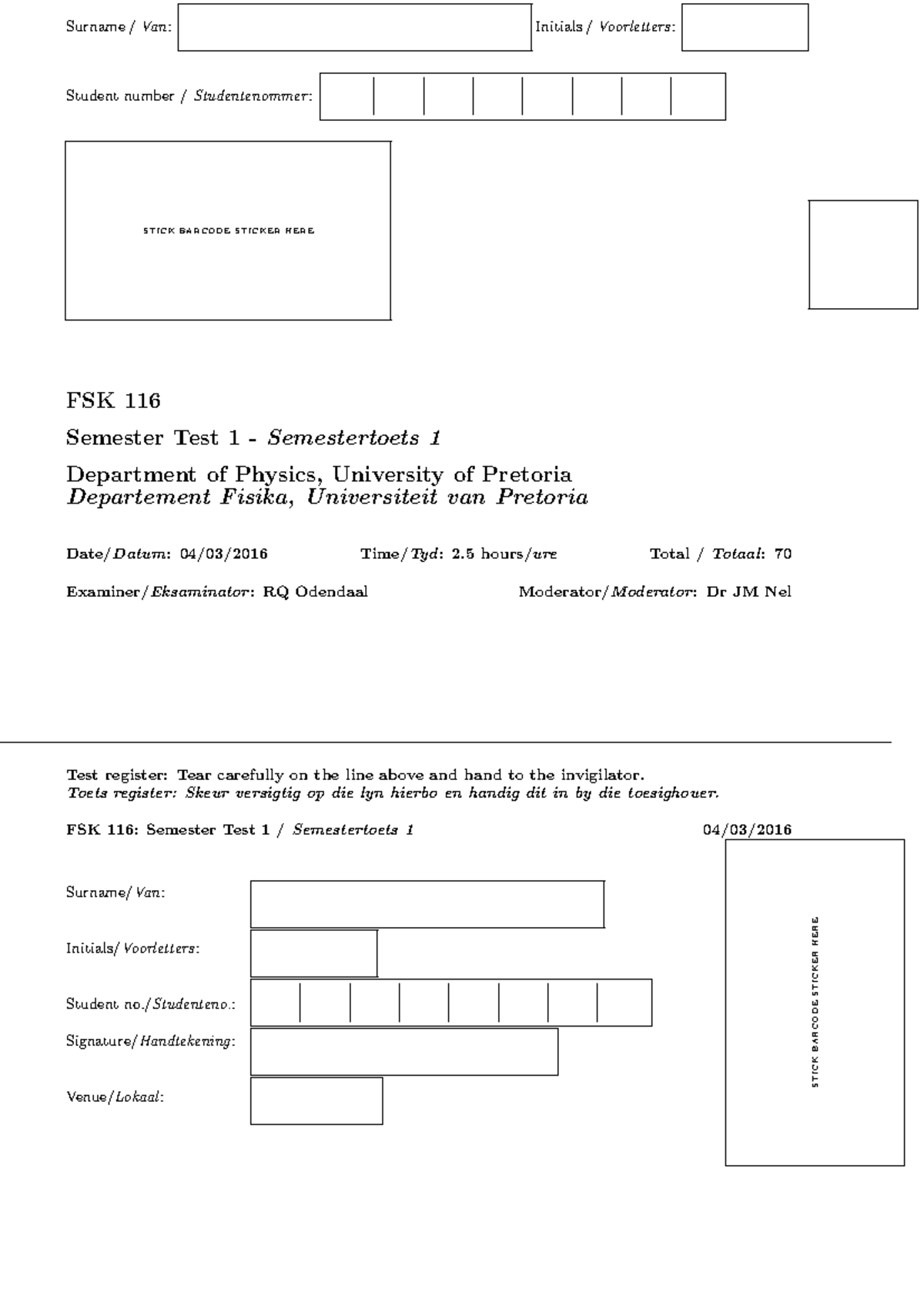 FSK116 ST1 2016 - This is a past paper for FSK 116 - Surname / Van ...