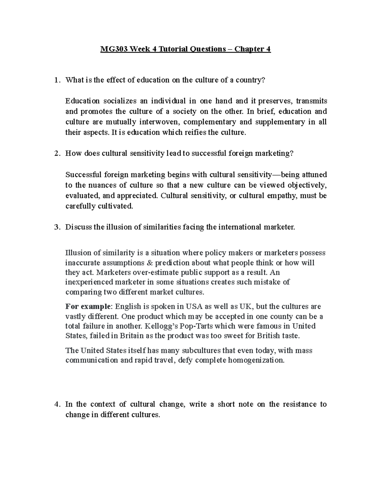 MG303 Week 4 Tutorial Questions Chp 4 - In brief, education and culture ...