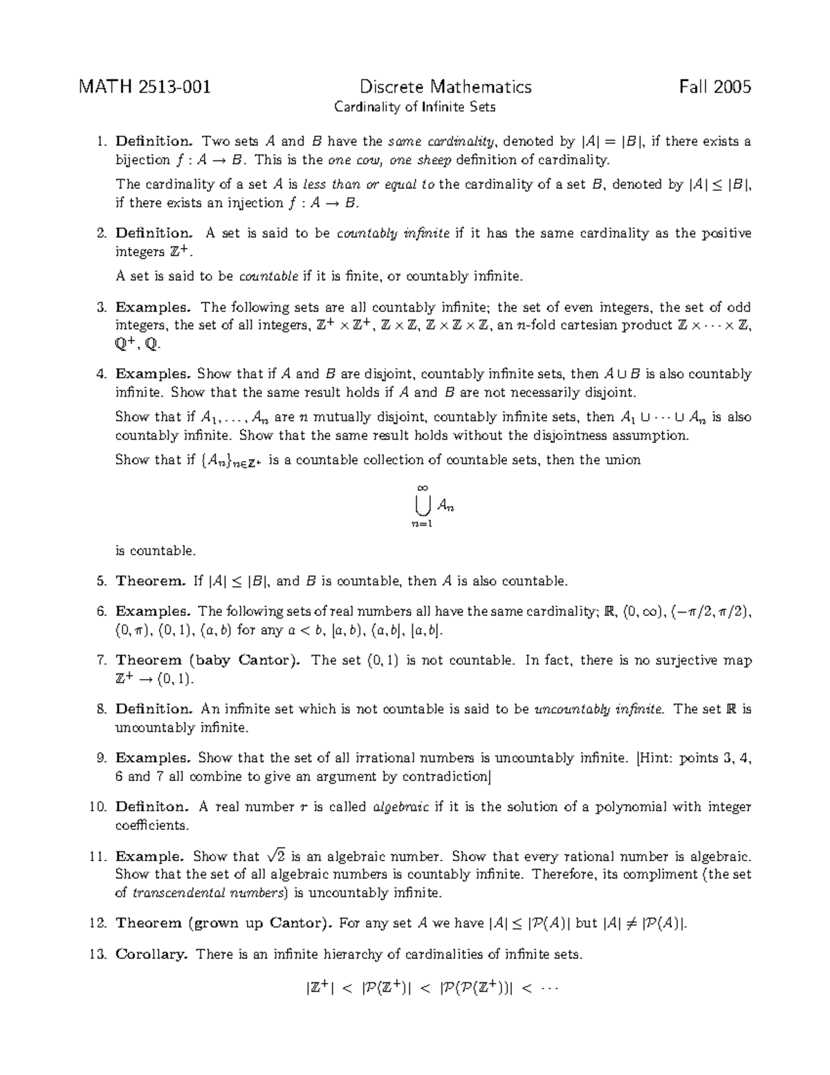 Math 2513 2005 handout cardinality of infinite sets - MATH Discrete ...
