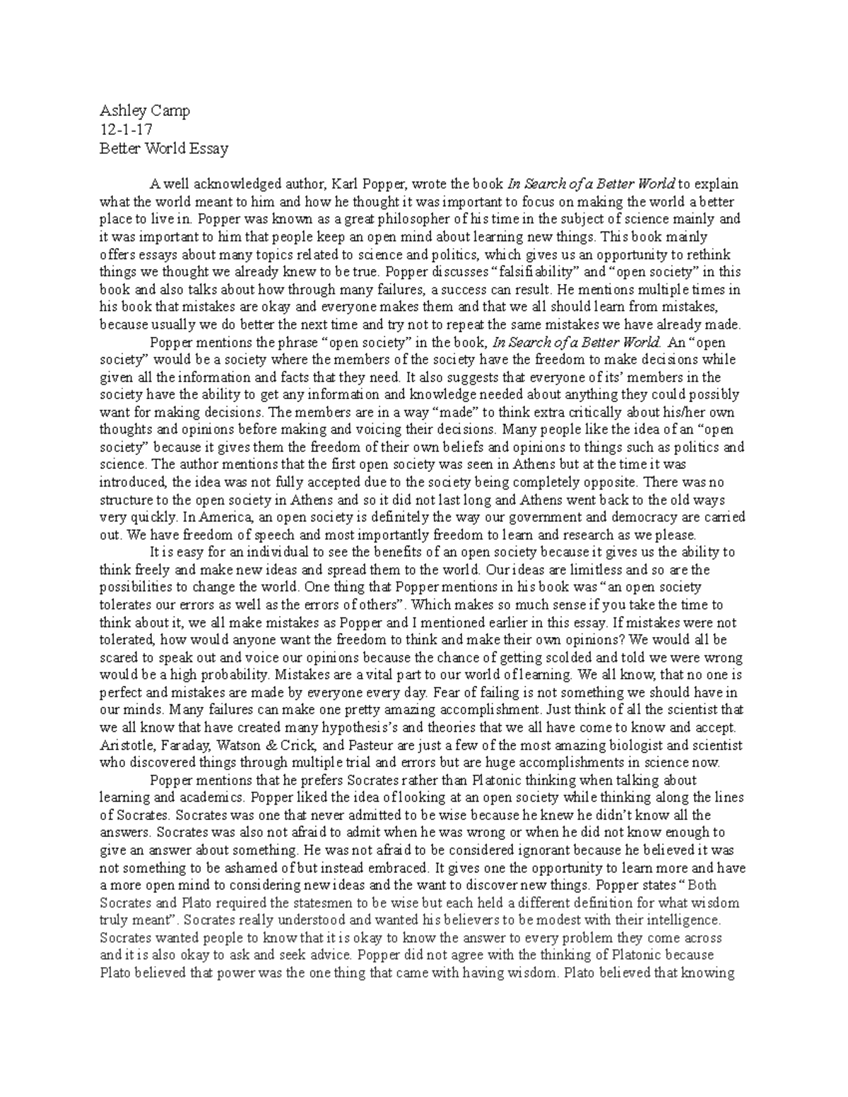 6 better world essay - Ashley Camp 12-1- Better World Essay A well ...