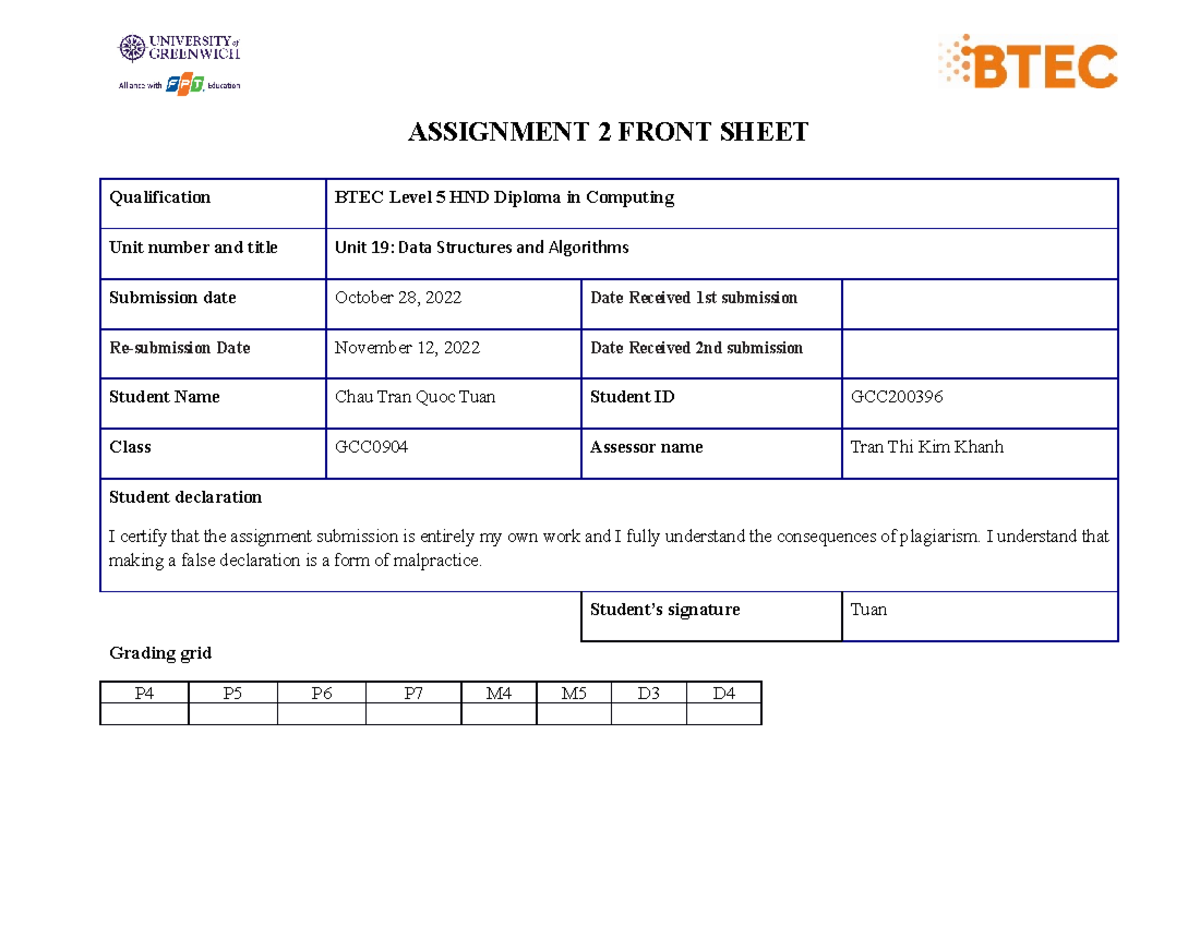 Assignment 2 GCC2003 96 Chau Tran Quoc Tuan - ASSIGNMENT 2 FRONT SHEET Qualification BTEC Level ...