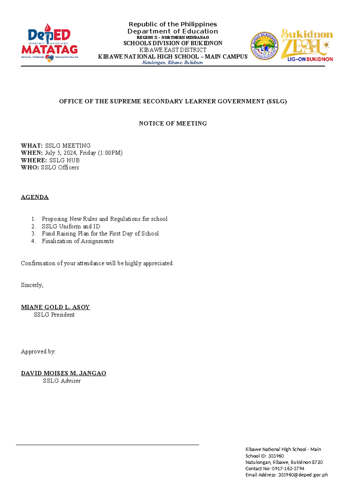 SSLG Notice OF Meeting - Republic of the Philippines Department of ...