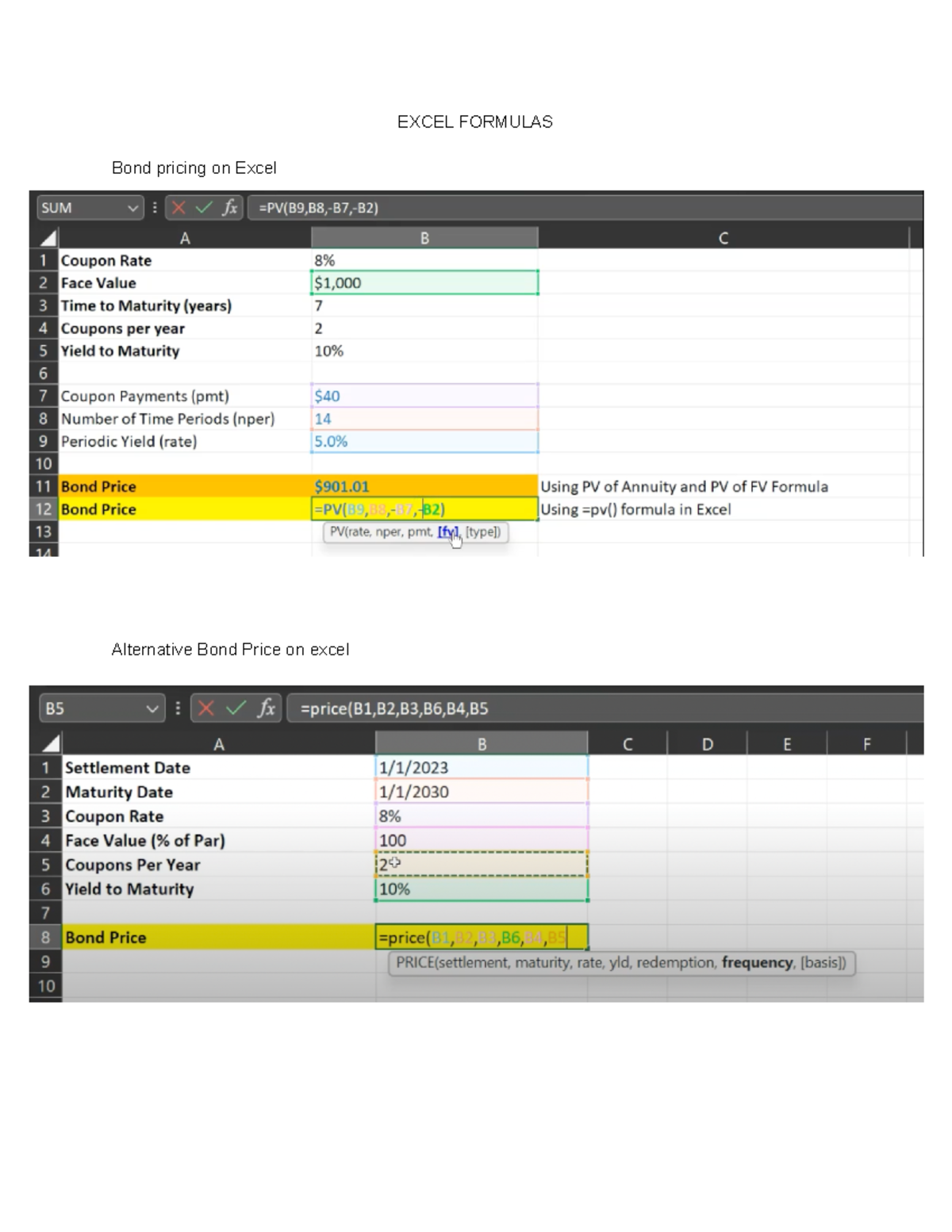 Excel Formulas for Bonds and Annuities - EXCEL FORMULAS Bond pricing on ...