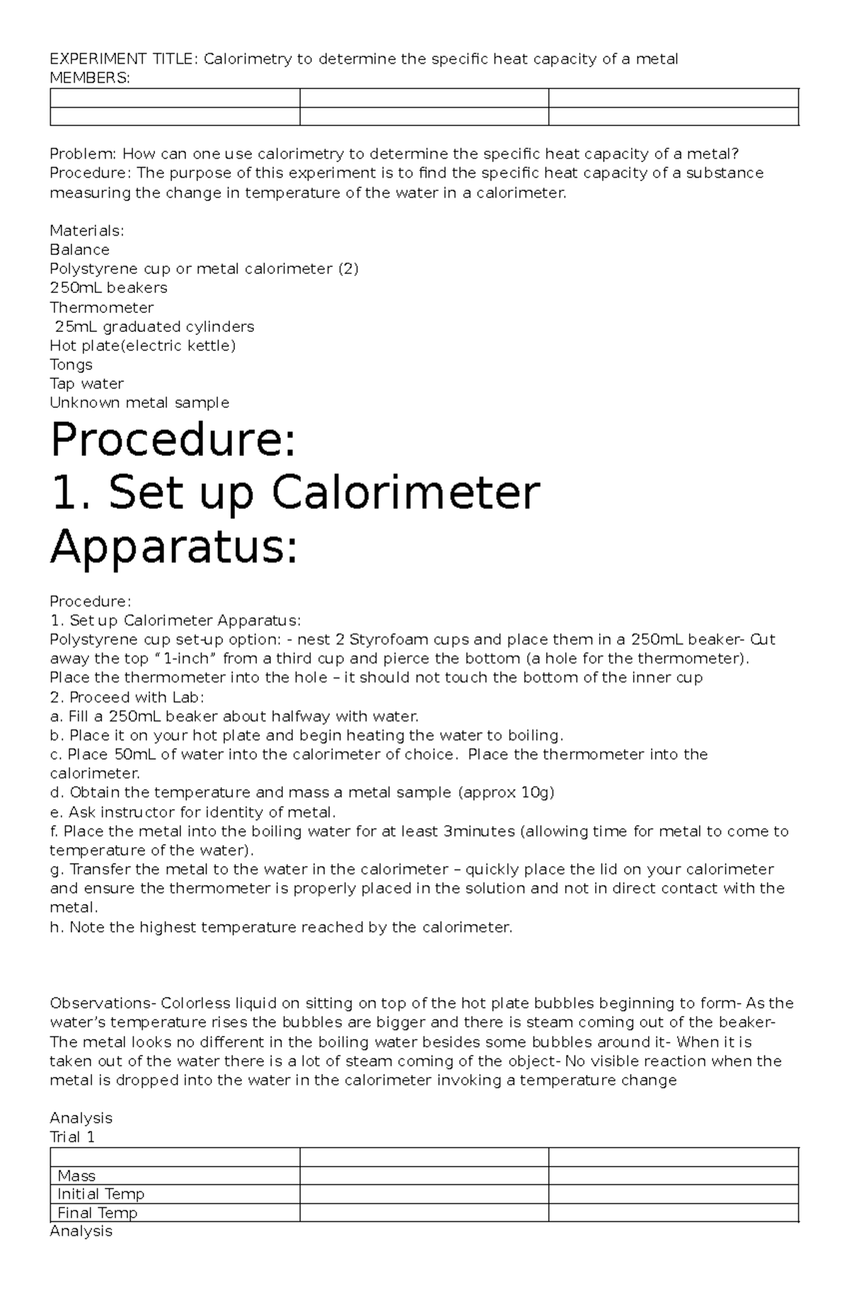 Experiment - Calorimetry - EXPERIMENT TITLE: Calorimetry to determine ...