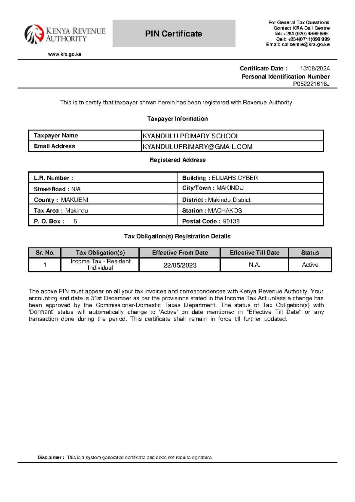 KRA PIN - ssdd - kra.go For General Tax Questions Contact KRA Call ...