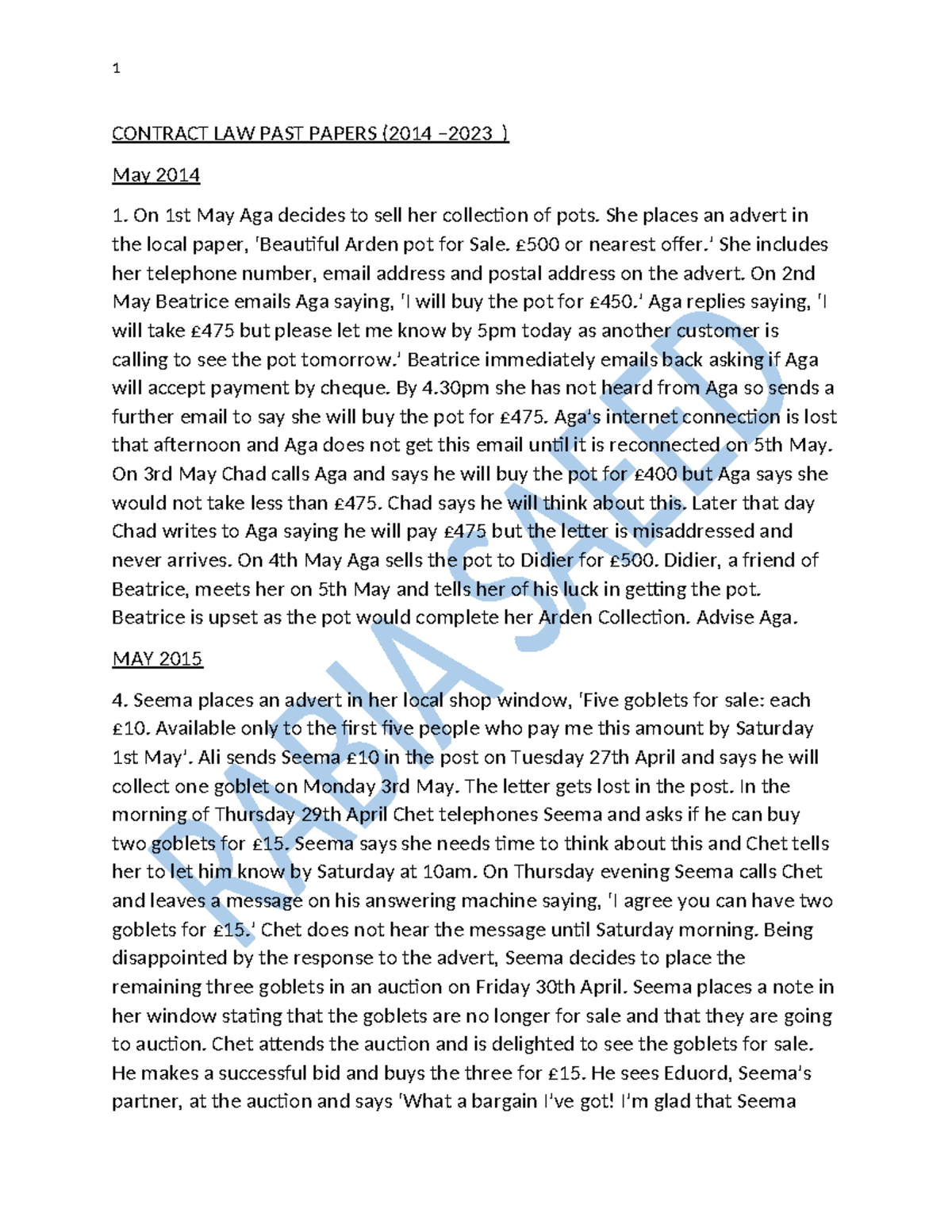 Compiled past paper questions - CONTRACT LAW PAST PAPERS (2014 –2023 ...