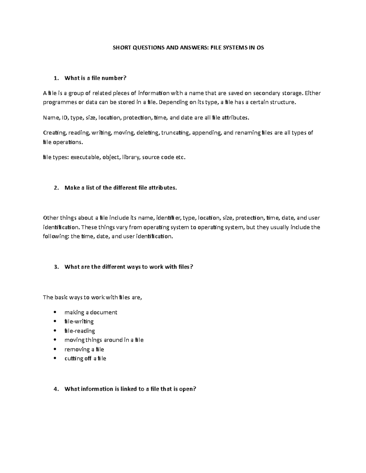 Short Questions and Answers File Systems in OS - SHORT QUESTIONS AND ...
