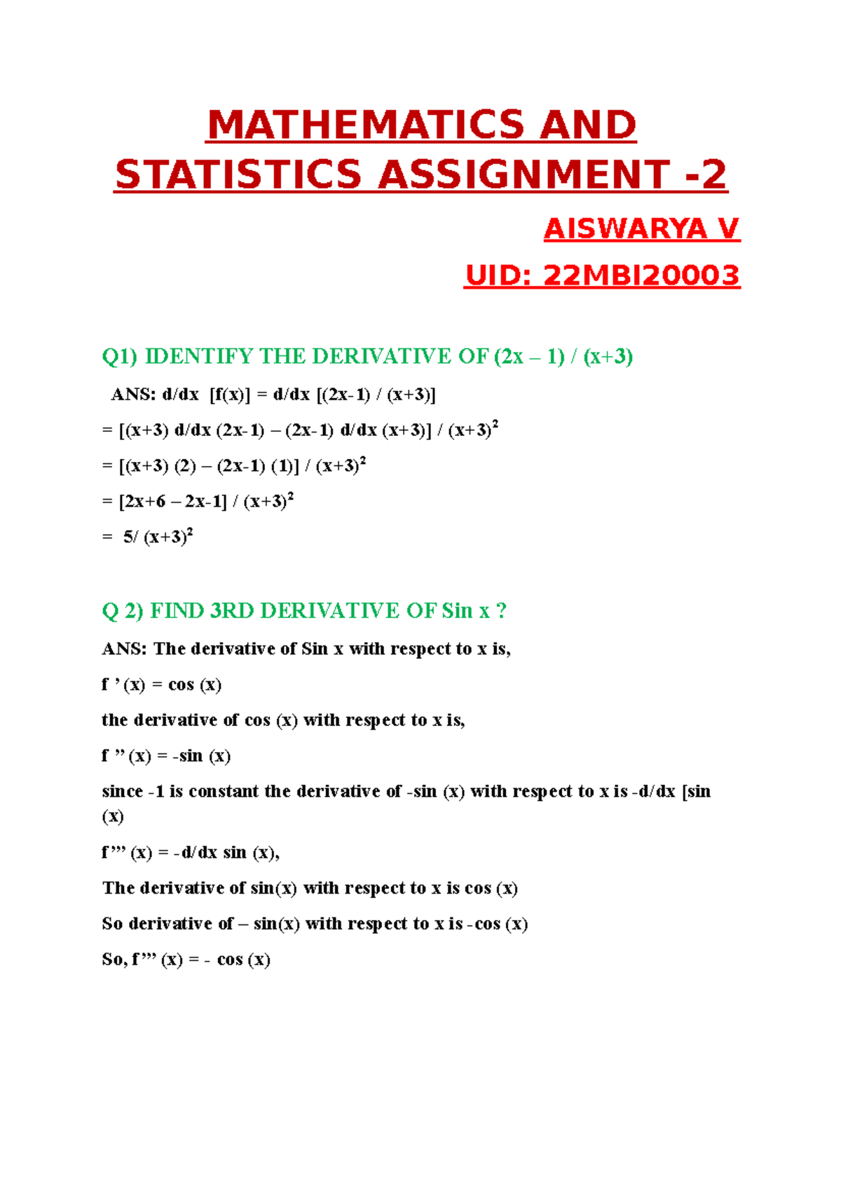 solved problems - MATHEMATICS AND STATISTICS ASSIGNMENT - AISWARYA V ...