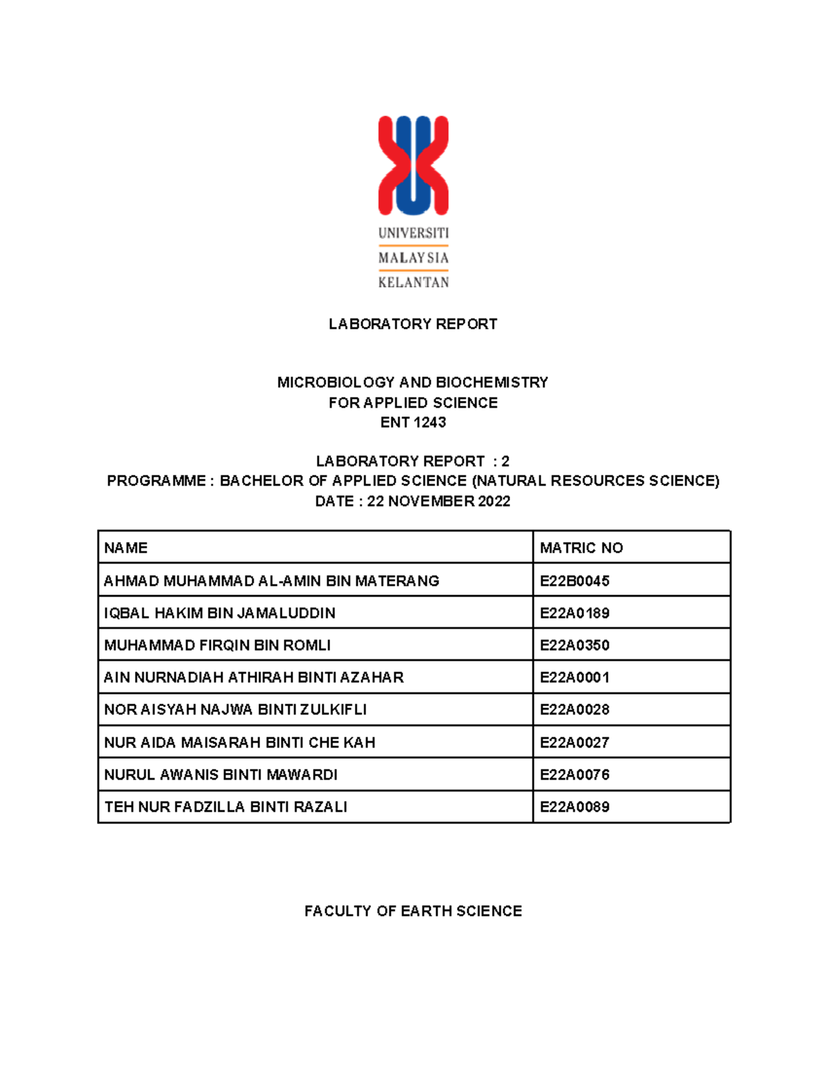 LAB Report 2 SEN1A - LABORATORY REPORT MICROBIOLOGY AND BIOCHEMISTRY ...