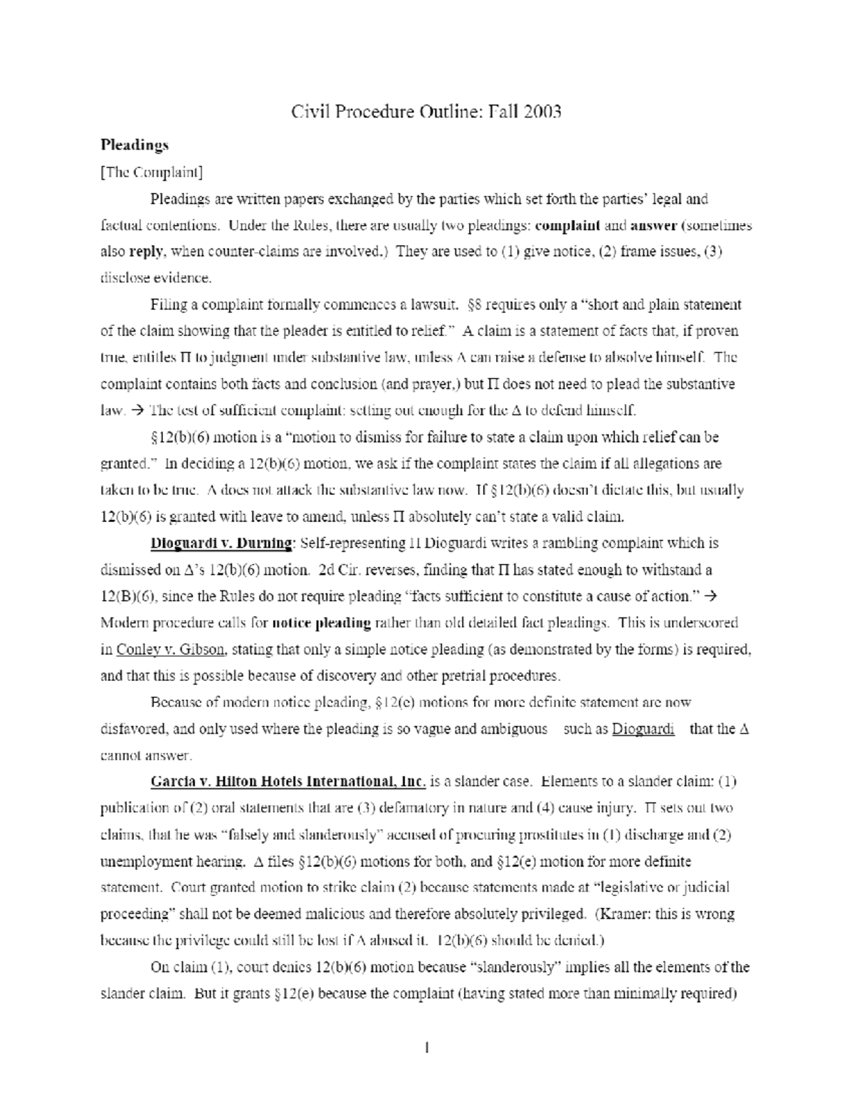 Civil Procedure Outline Fall 2003 Pleadings - CIVP 7142 - Studocu