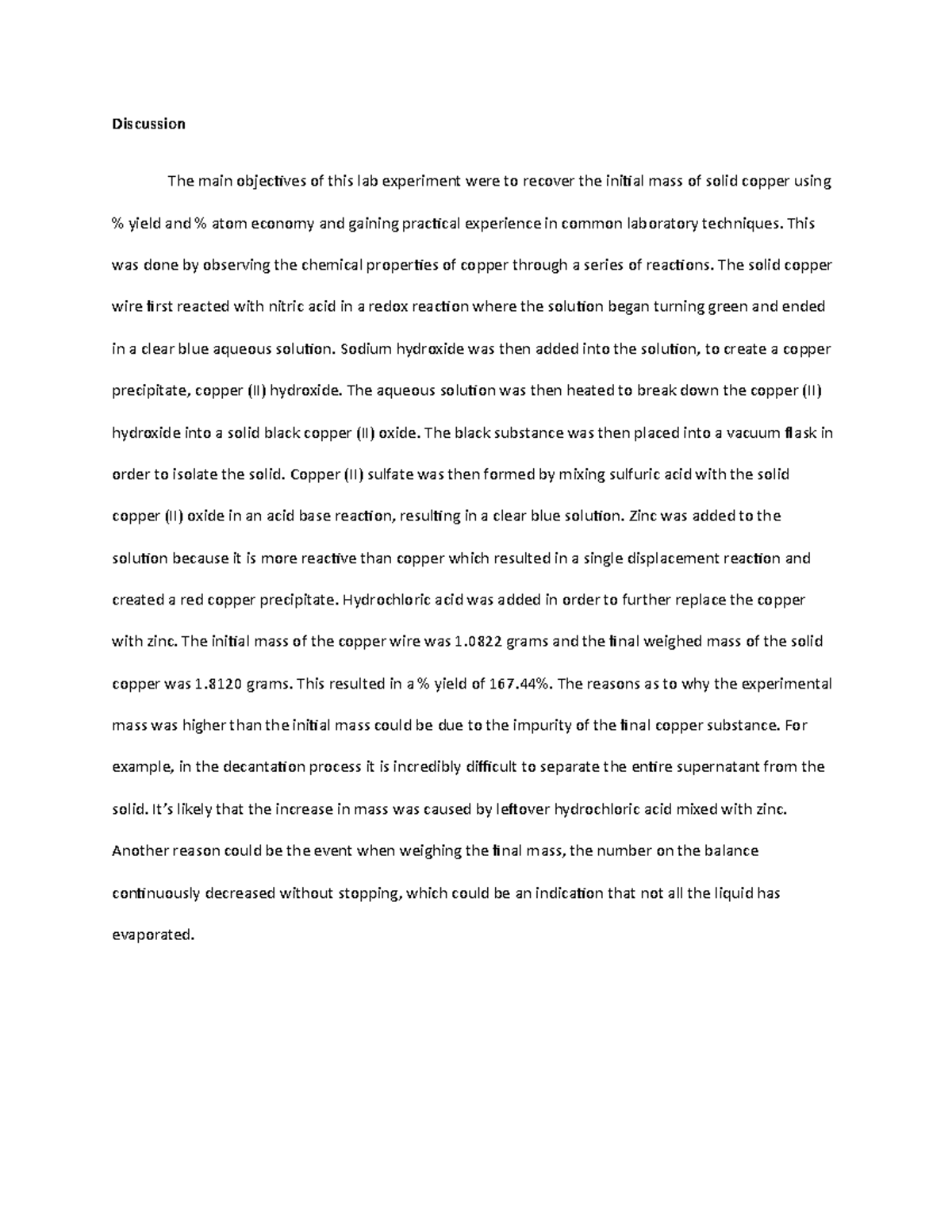 CHEM120L Reactions of Copper Discussion - Discussion The main ...