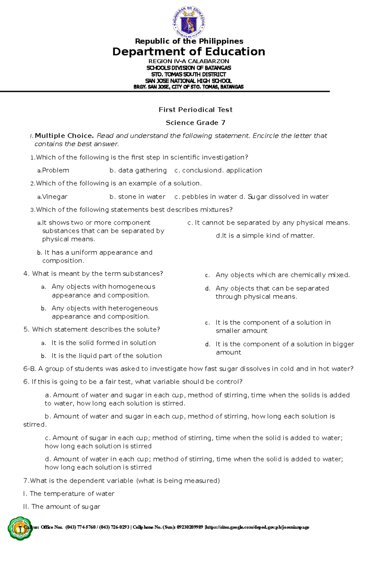 First Periodical Test g7 - Department of Education REGION IV-A ...