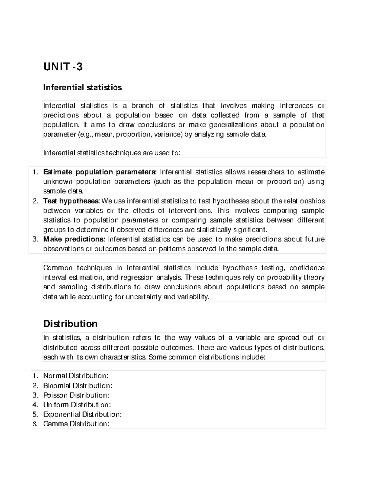 UNIT 3 Notes - UNIT - 3 Inferential statistics Inferential statistics ...