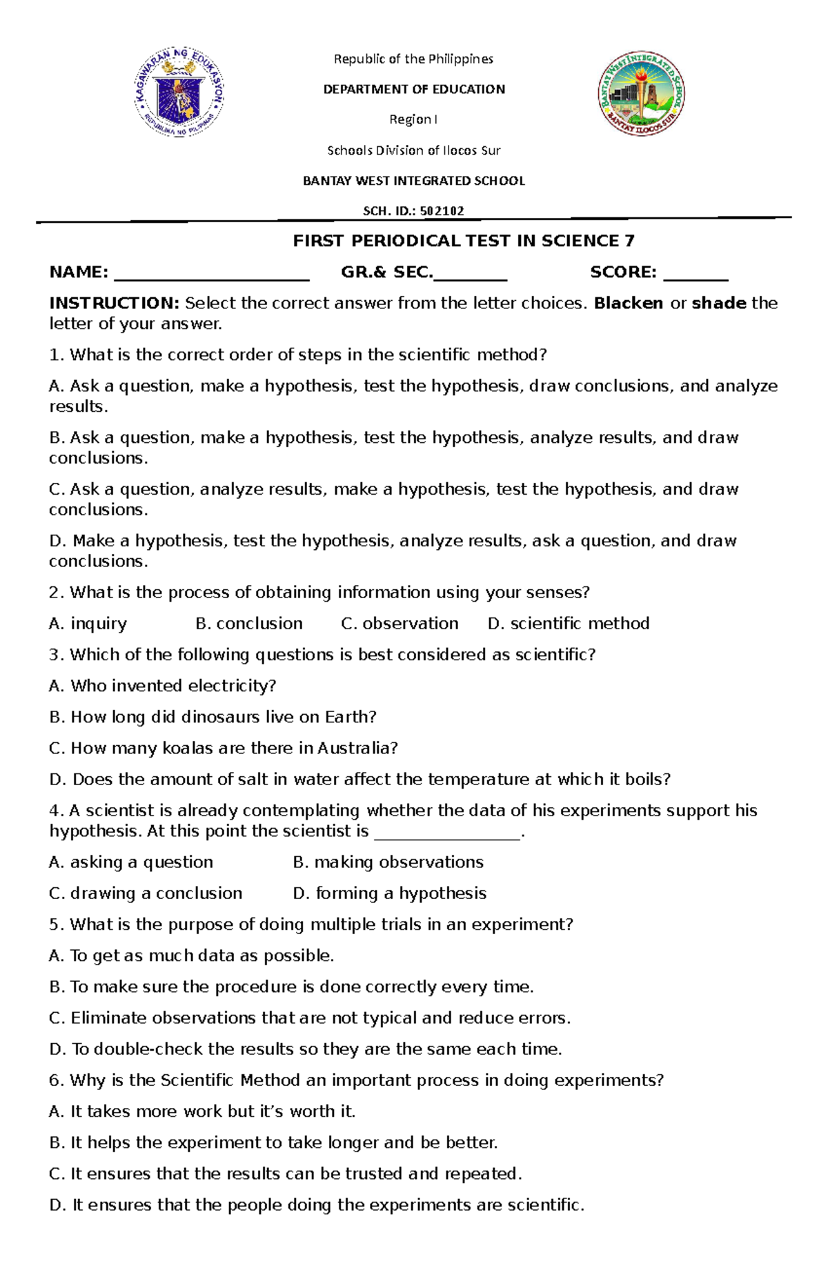Science 7 PT - Republic of the Philippines DEPARTMENT OF EDUCATION ...