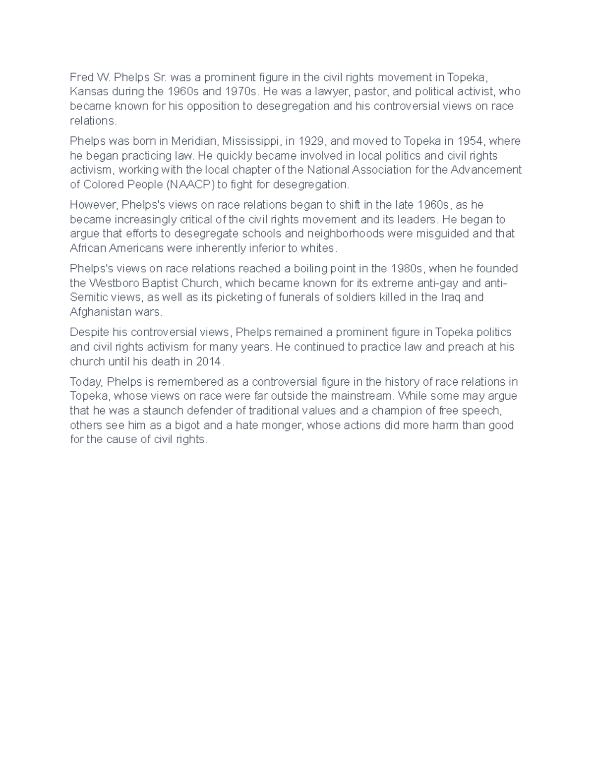 Fred W. Phelps Sr. and Race Relations in Topeka, 1964-1989 - Fred W ...