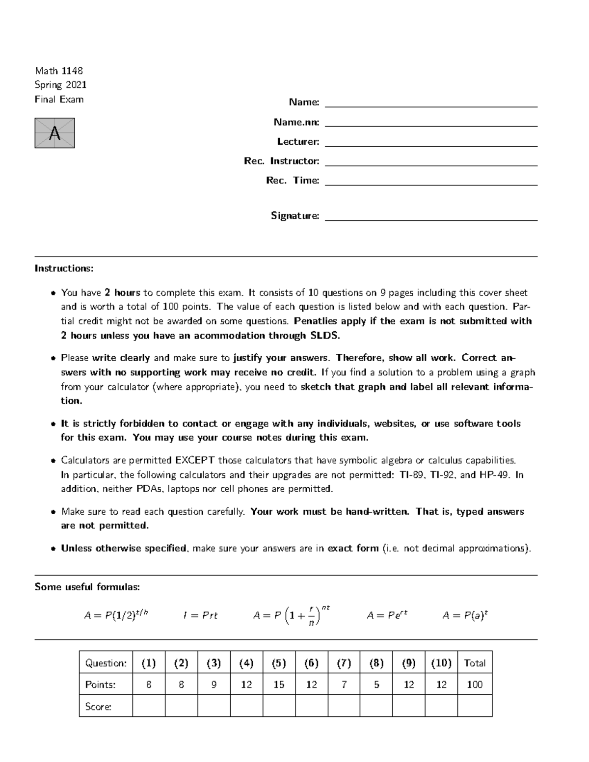 Final - Math 1148 Spring 2021 Final Exam A Name: Name: Lecturer: Rec ...