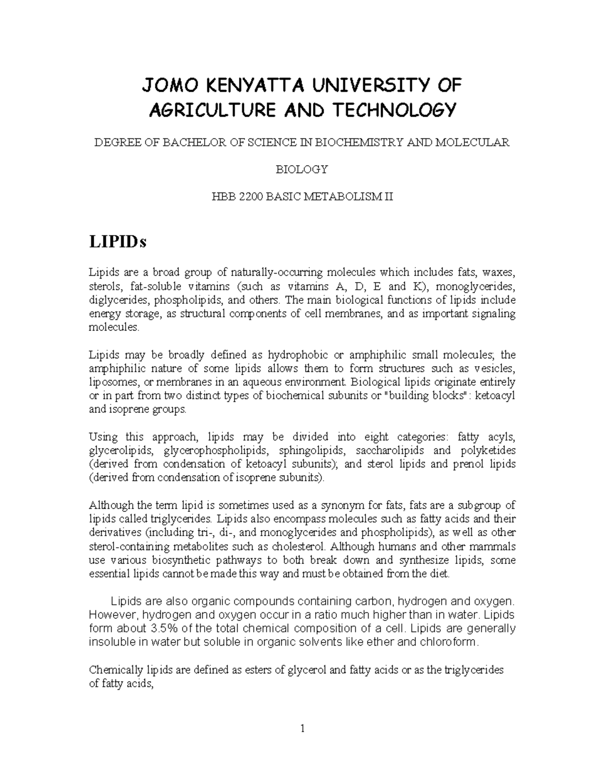 HBB 2200 Basic Metabolism II Notes Part I-1 - JOMO KENYATTA UNIVERSITY ...