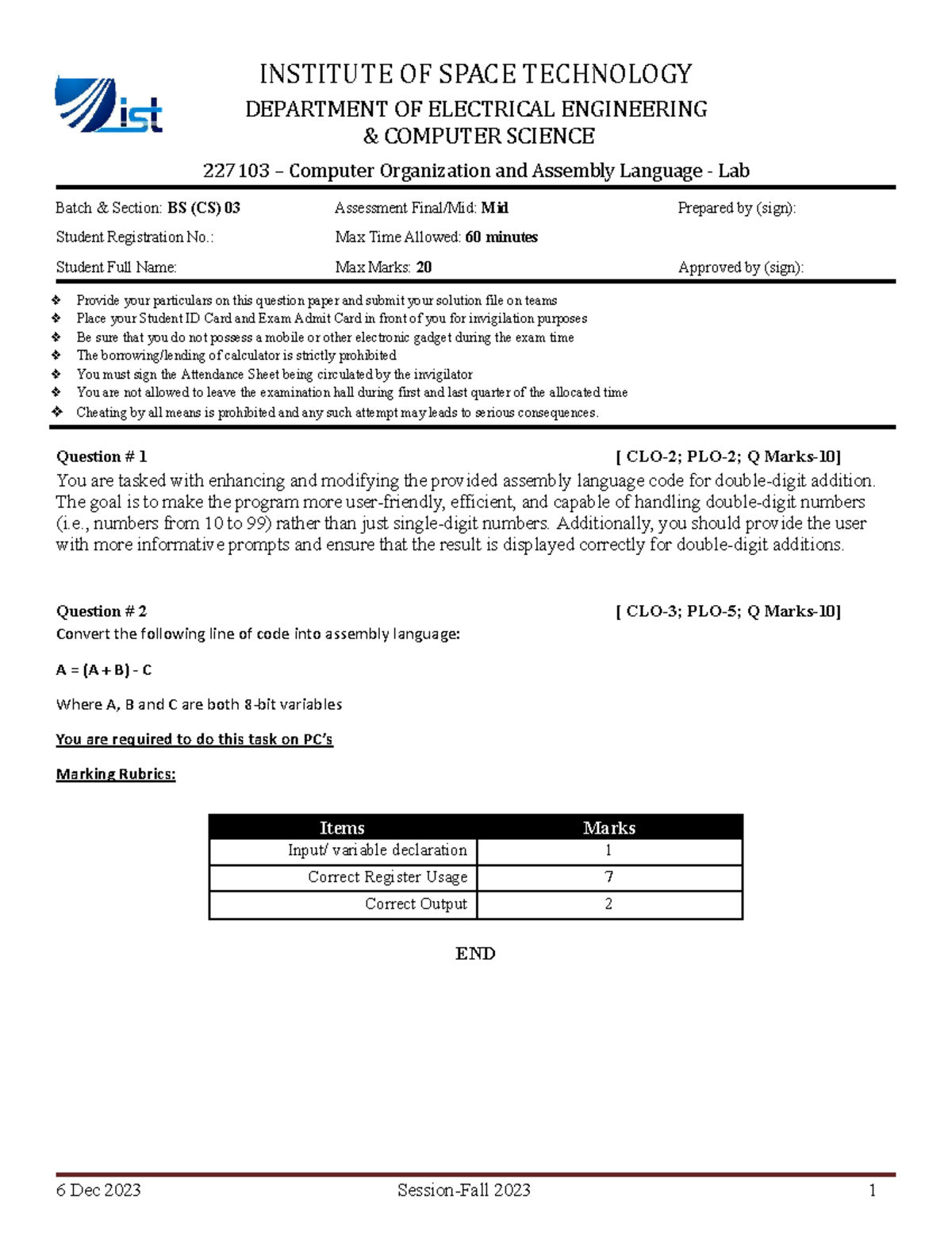 LAB MID - INSTITUTE OF SPACE TECHNOLOGY DEPARTMENT OF ELECTRICAL ...