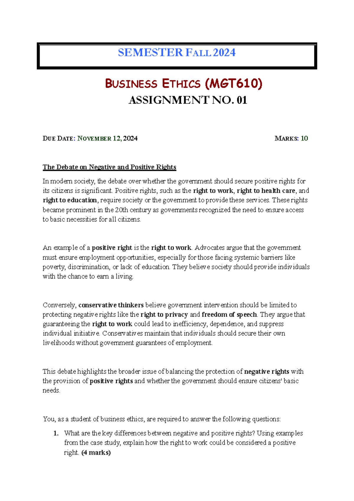 Fall 2024 MGT610 1 - SEMESTER FALL 2024 BUSINESS ETHICS (MGT610) ASSIGNMENT NO. 01 DUE DATE ...