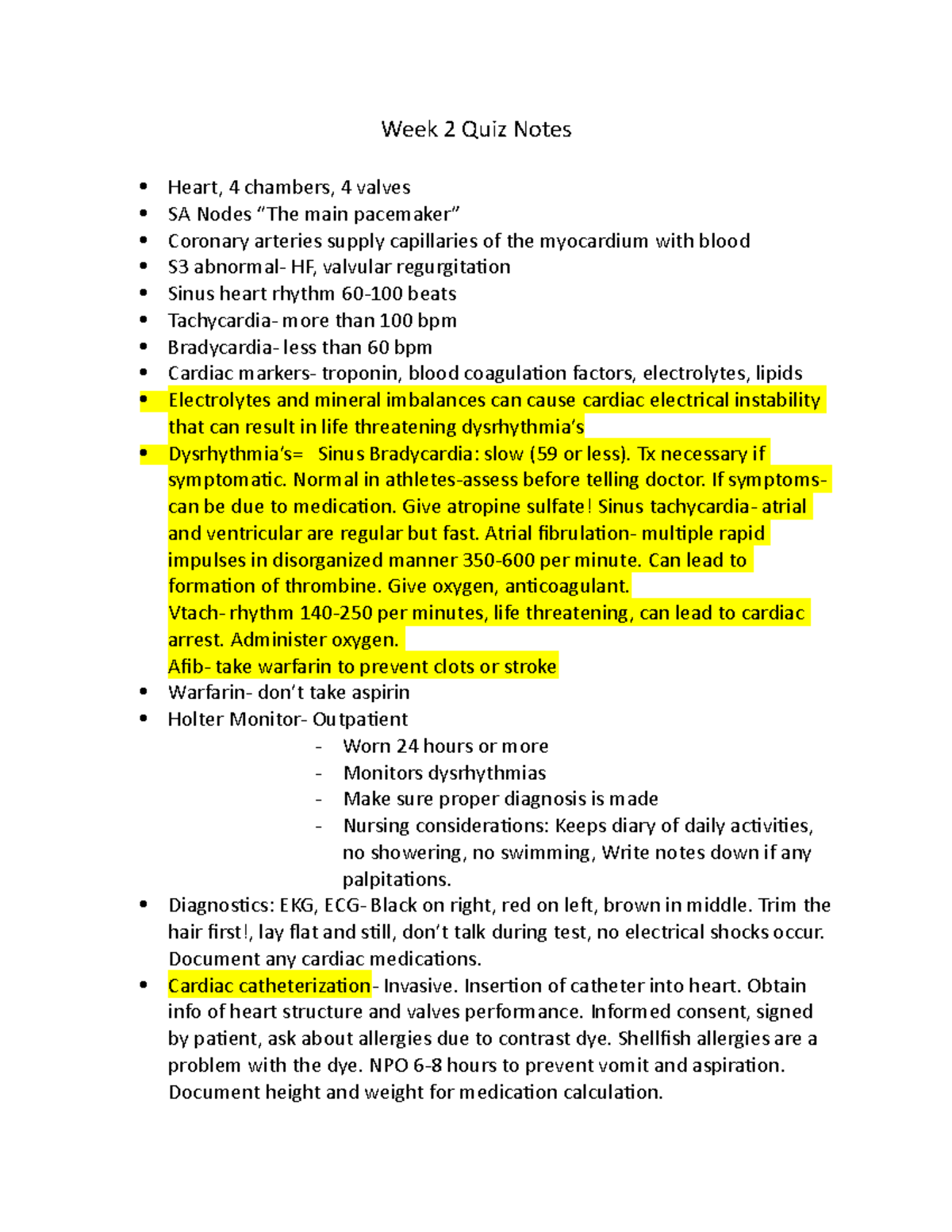 Week 2 Quiz Notes - week 2 - Week 2 Quiz Notes Heart, 4 chambers, 4 ...