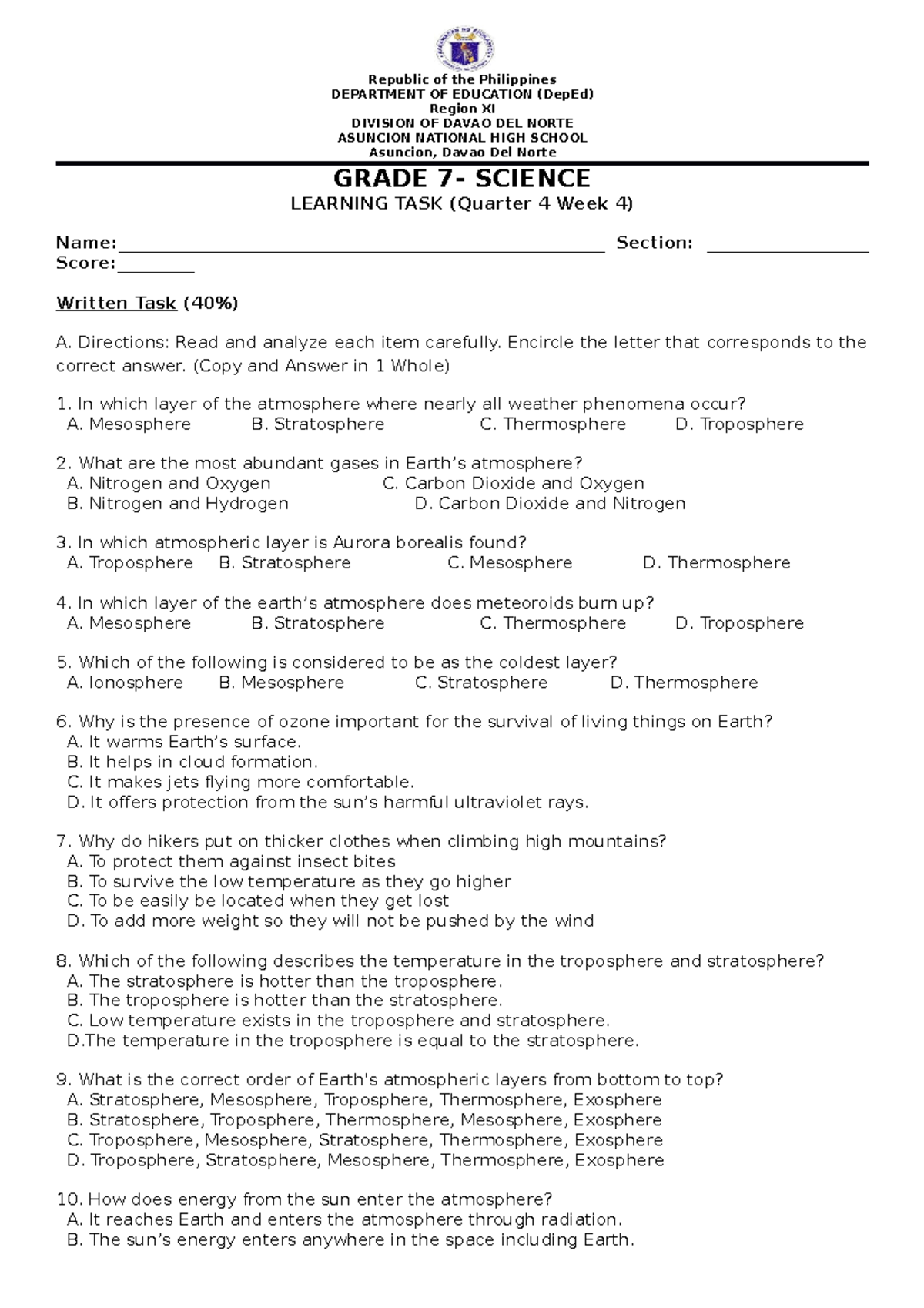 Learning TASK Science 7 W4 Layers OF Earth'S Atmosphere - Republic of ...