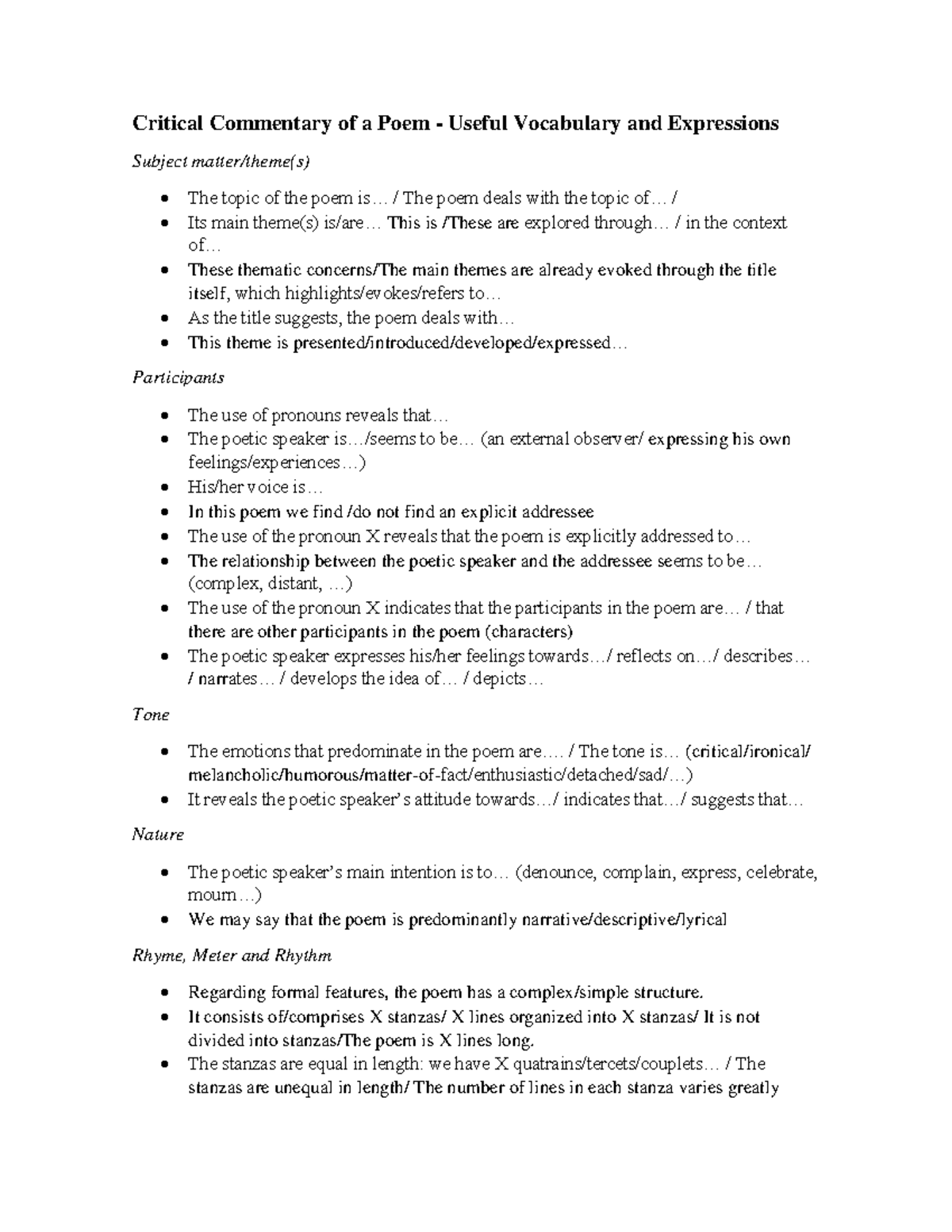 Useful expressions for the critical commentary of a poem - Critical ...