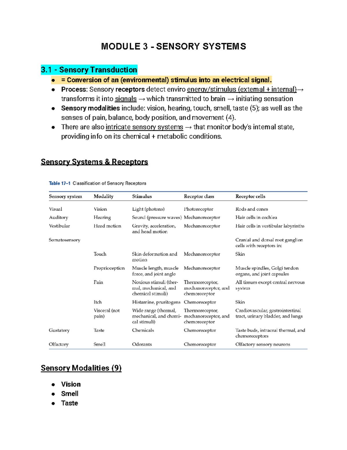 Mod 3 - NEUR301 - MODULE 3 - SENSORY SYSTEMS 3 - Sensory Transduction ...