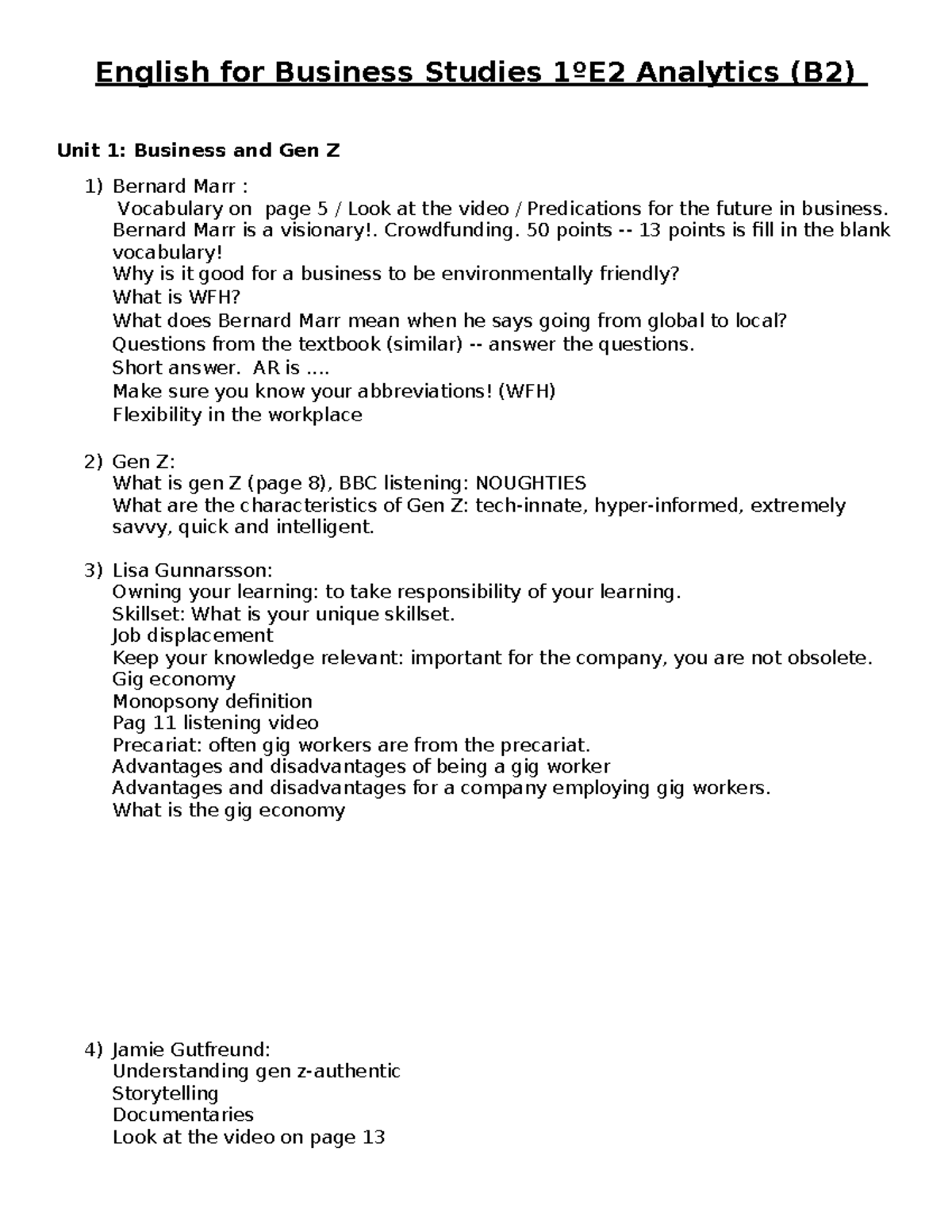 EBS I Review 1ºE2 Analytics - English for Business Studies 1ºE2 Analytics (B2) Unit 1: Business ...