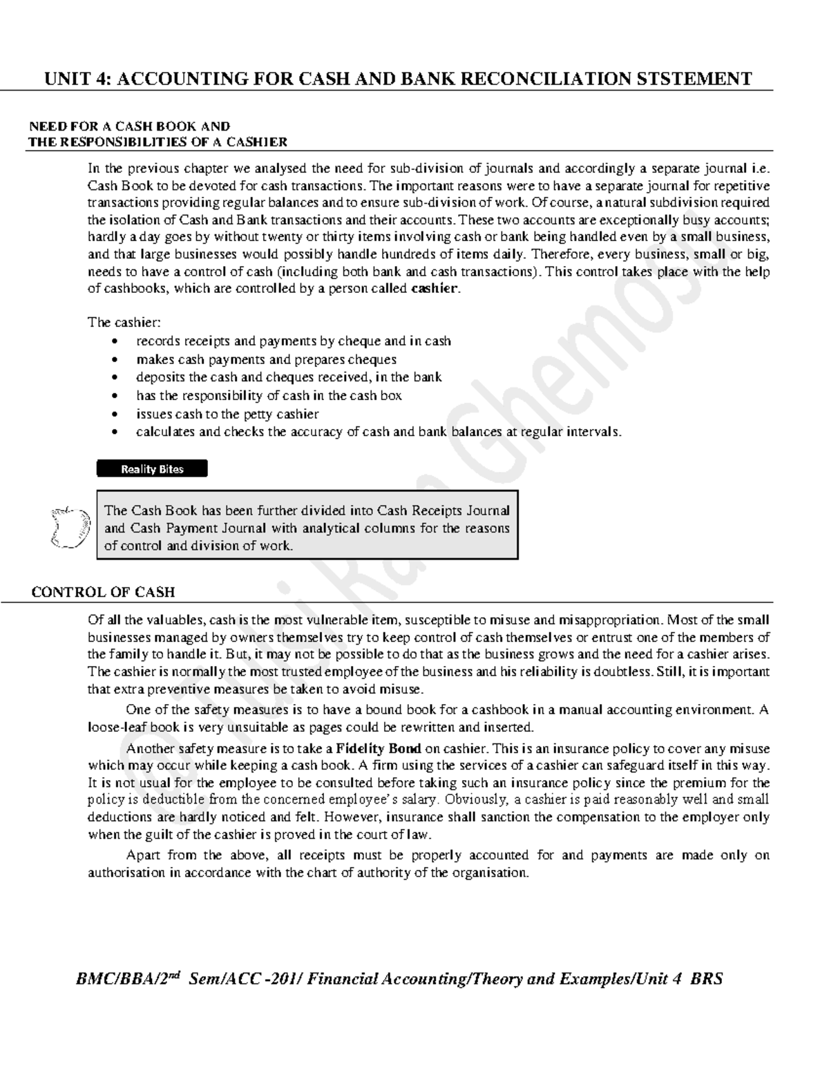 Unit 4 Accounting for Cash and Bank Reconciliation Statements 2079 ...