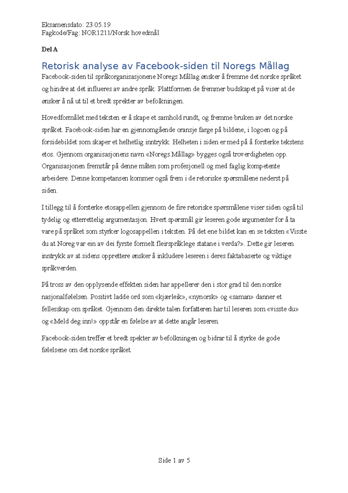 Norsk-eksamen V2019, VG3 - Fagkode/Fag: NOR1211/Norsk hovedmål Del A ...