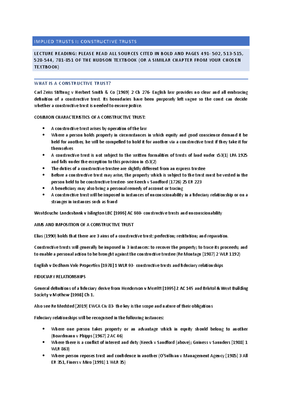 Constructive Trusts Handout - IMPLIED TRUSTS I: CONSTRUCTIVE TRUSTS LECTURE READING: PLEASE READ ...