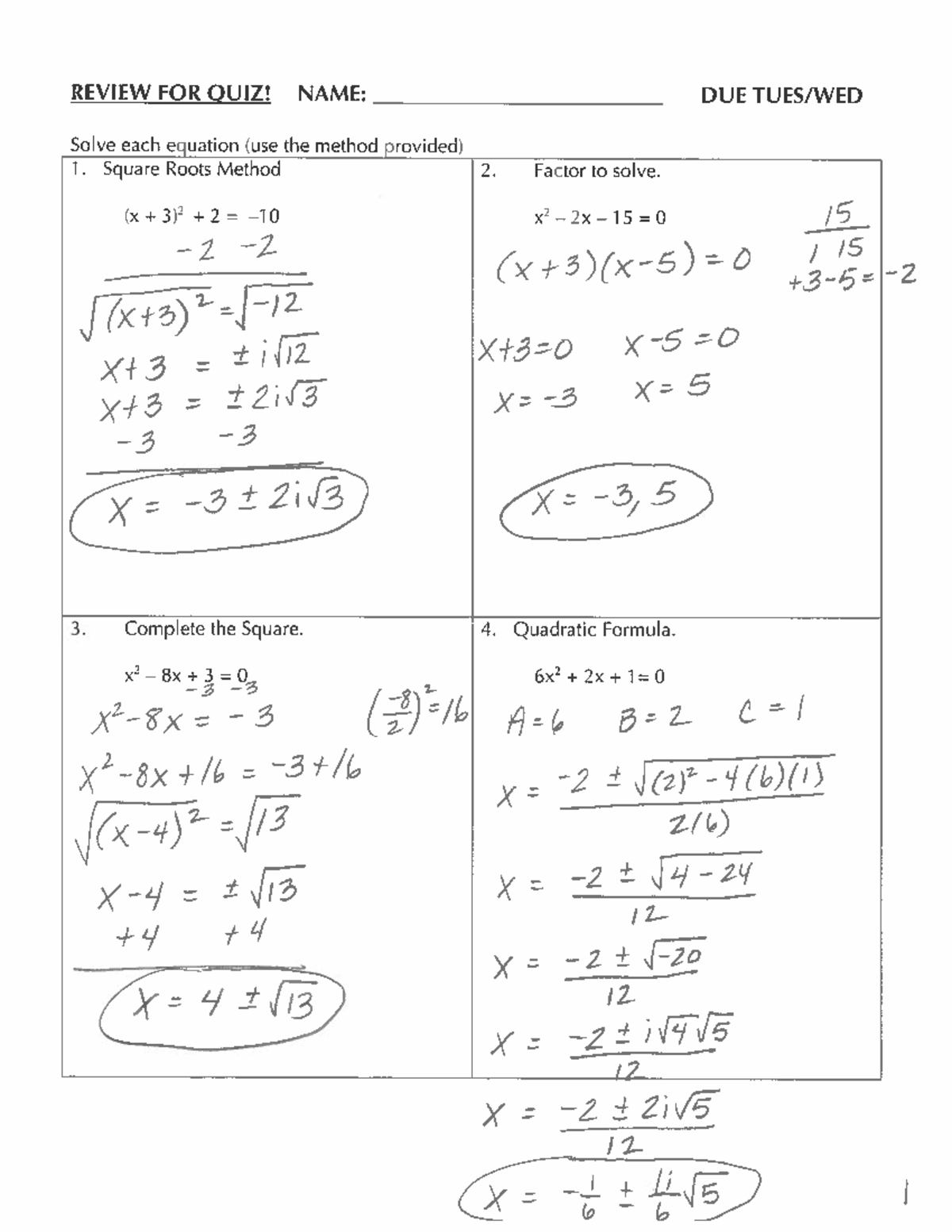 Copy of 16 Quiz Review Solving Quadratic Equations ANS - Studocu