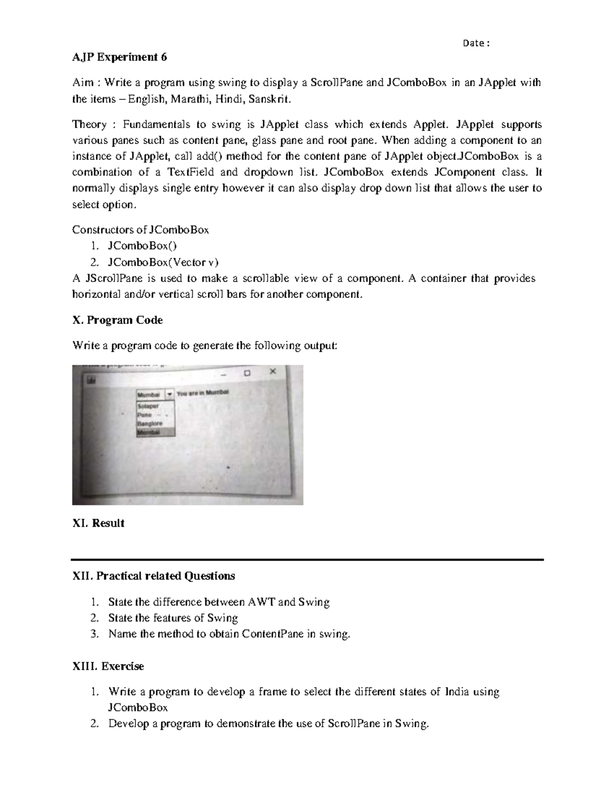 AJP Expt 6 - ajp manual exp 6 - Date : AJP Experiment 6 Aim : Write a ...