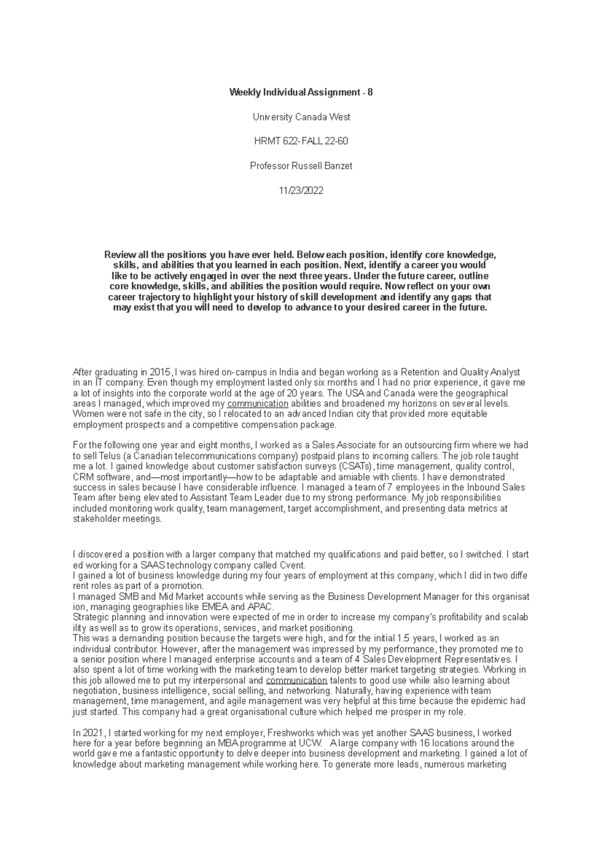 Weekly Individual Assignment 8 HRMT - Weekly Individual Assignment - 8 University Canada West ...