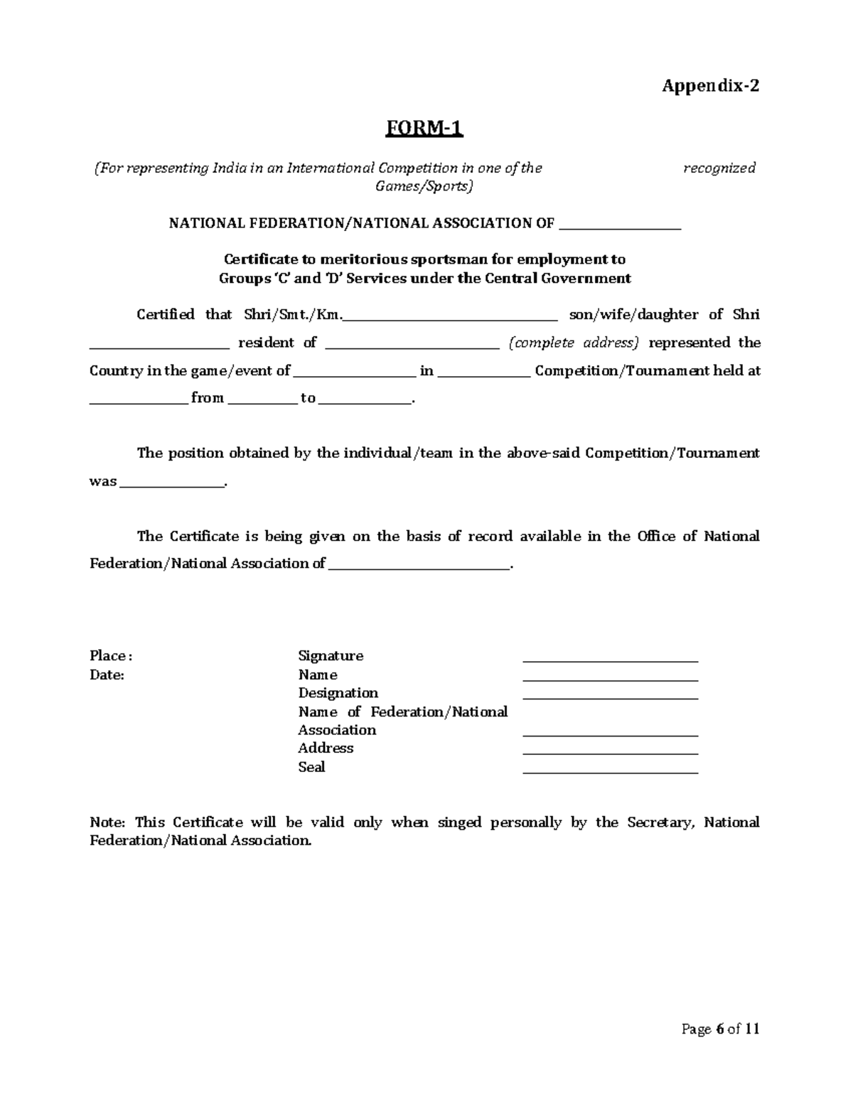 Form 1, 2, 3 and 4 sports quota - Appendix- FORM- (For representing India in an International ...
