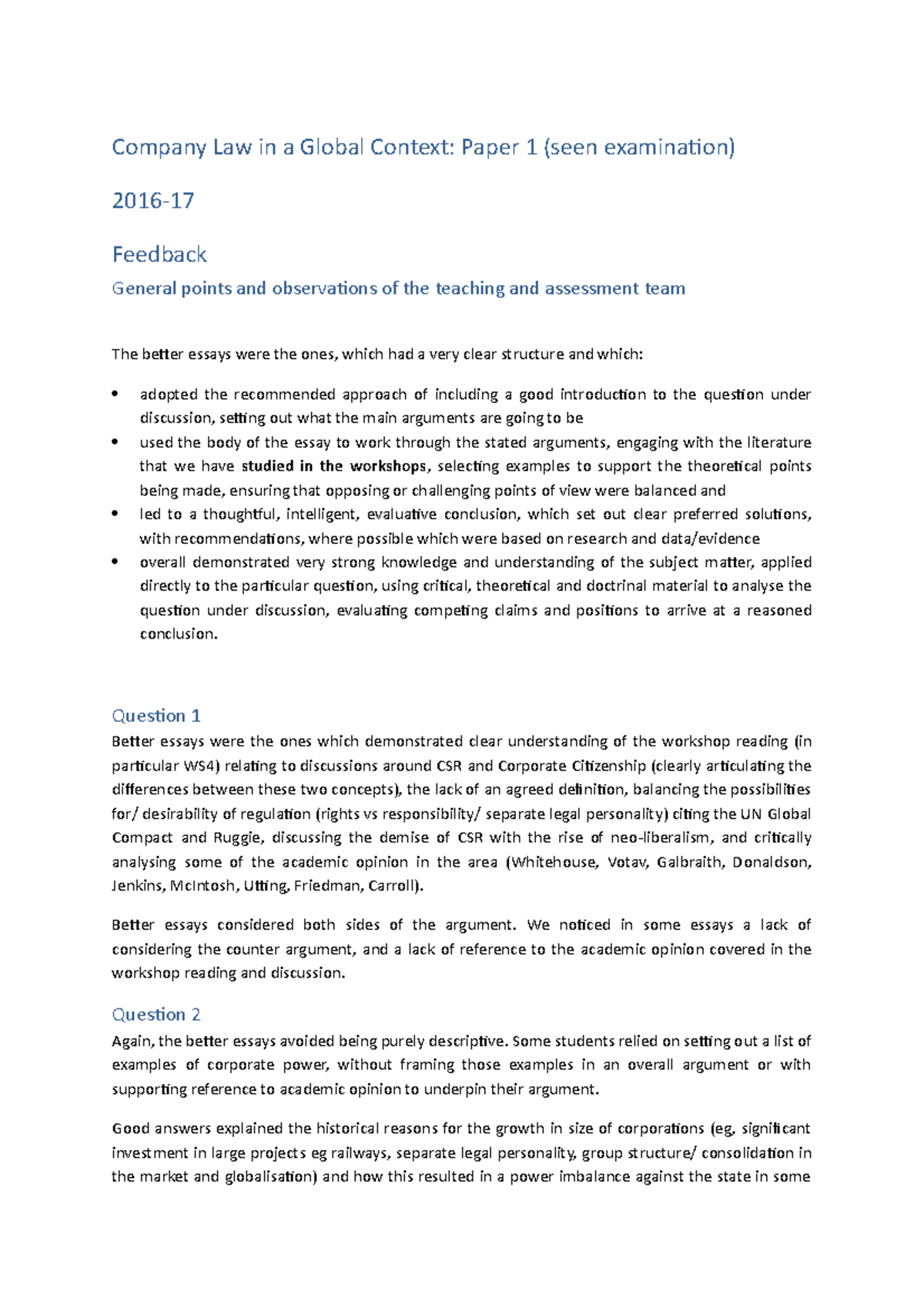 Exam 2016, questions and answers - Company Law in a Global Context ...