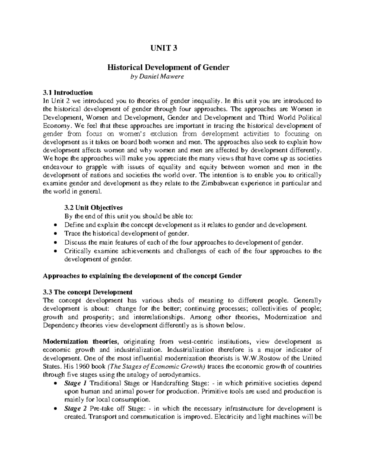 Unit 3 Unit 3 Notes Unit 3 Historical Development Of Gender By Daniel Mawere 3 Introduction