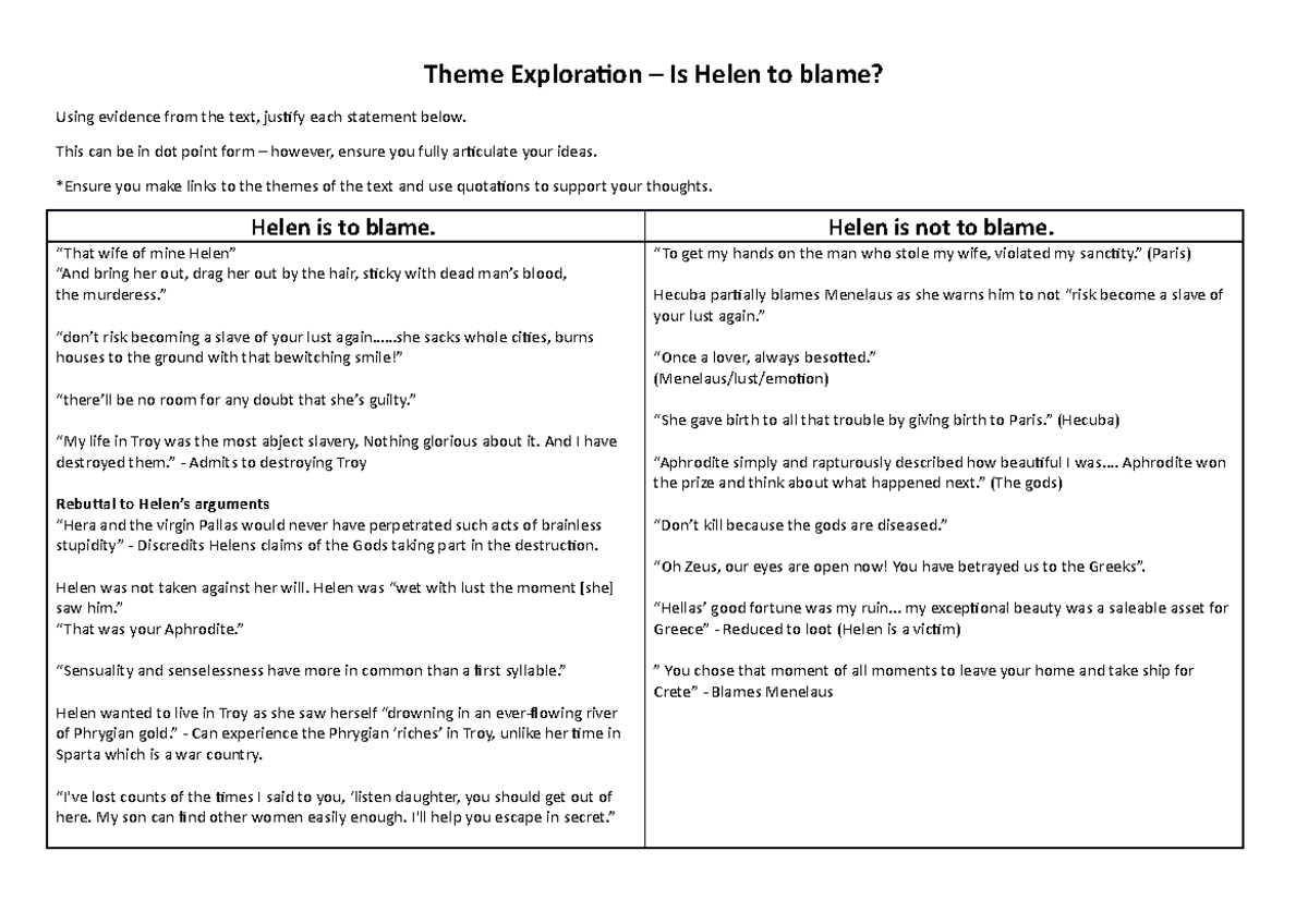 Theme Exploration Helen - Theme Exploration – Is Helen to blame? Using ...