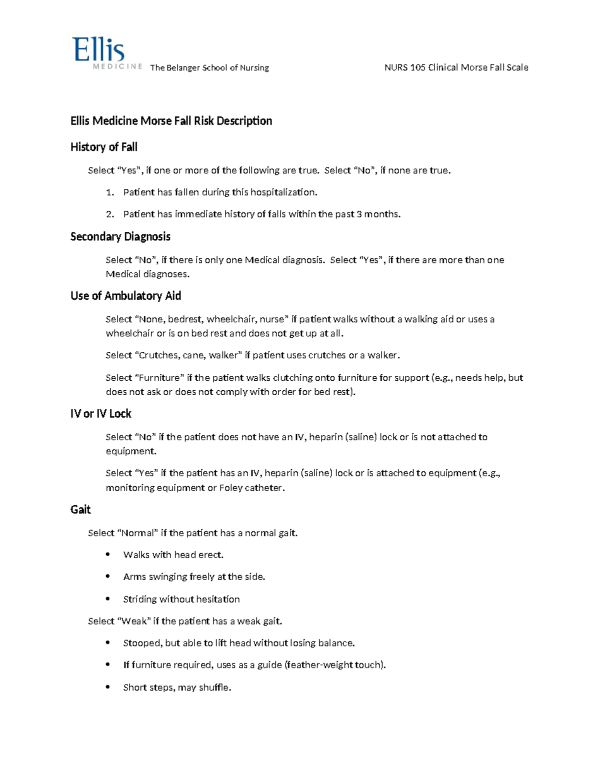 Morse Fall Scale - very easy - The Belanger School of Nursing NURS 105 ...
