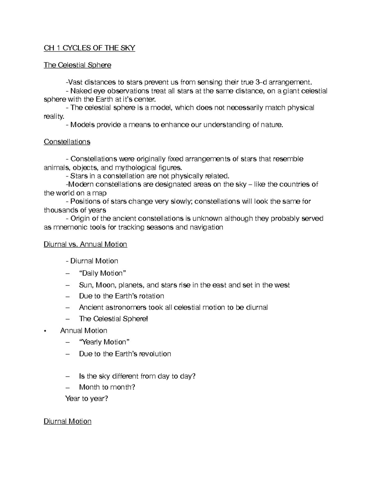 Astronomy Notes CH 1 - CH 1 CYCLES OF THE SKY The Celestial Sphere ...