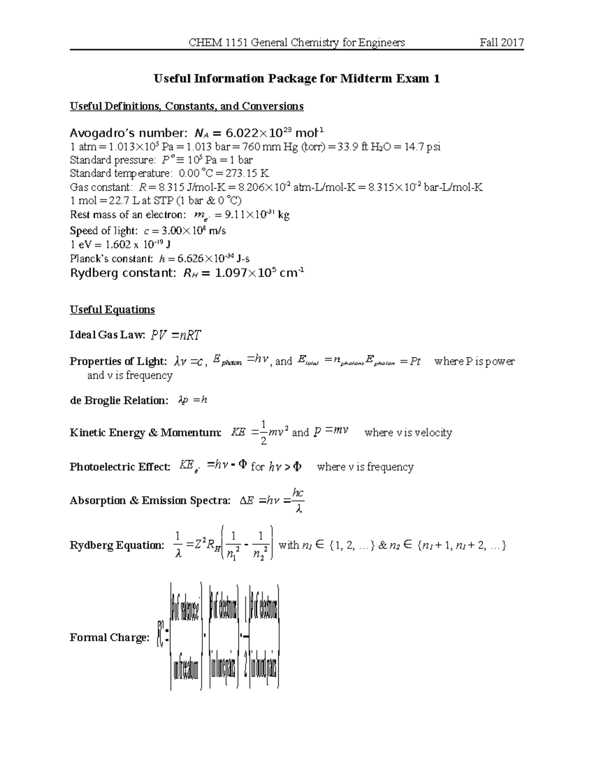 F17 CHEM 1151 Useful Info Package for Midterm Exam 1 - CHEM 1151 ...