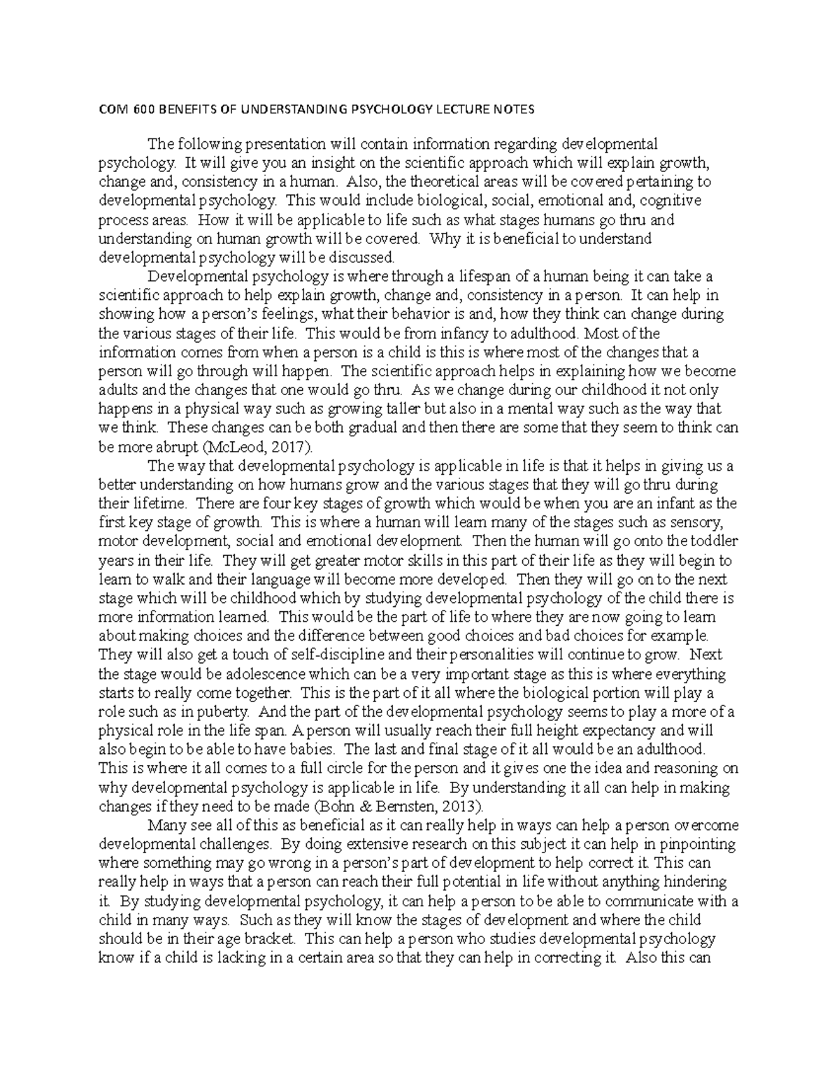 COM 600 Benefits OF Understanding Psychology Lecture Notes - COM 600 ...